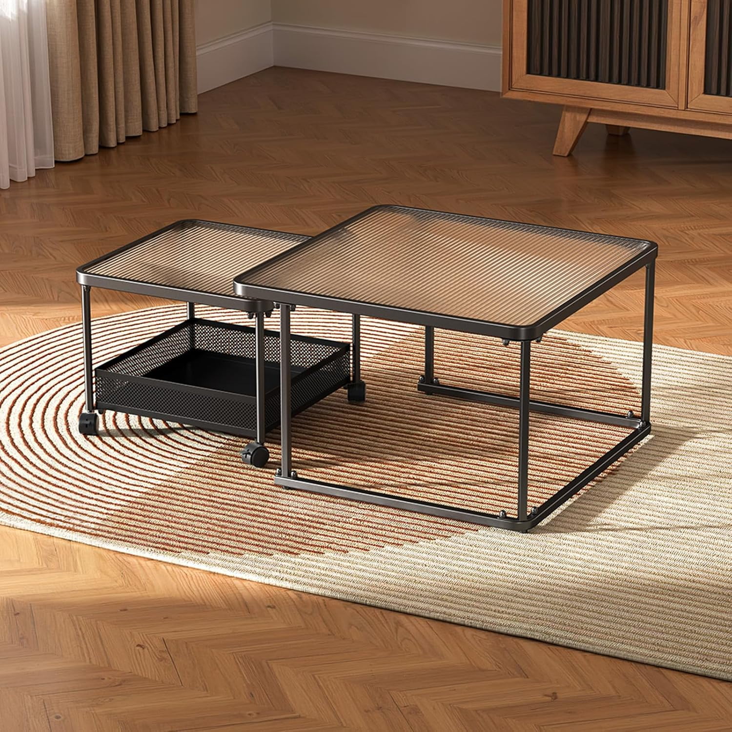 Wave Textured Square Nesting Coffee Table Set of 2 - Tempered Glass Small Stacking Nesting end ...