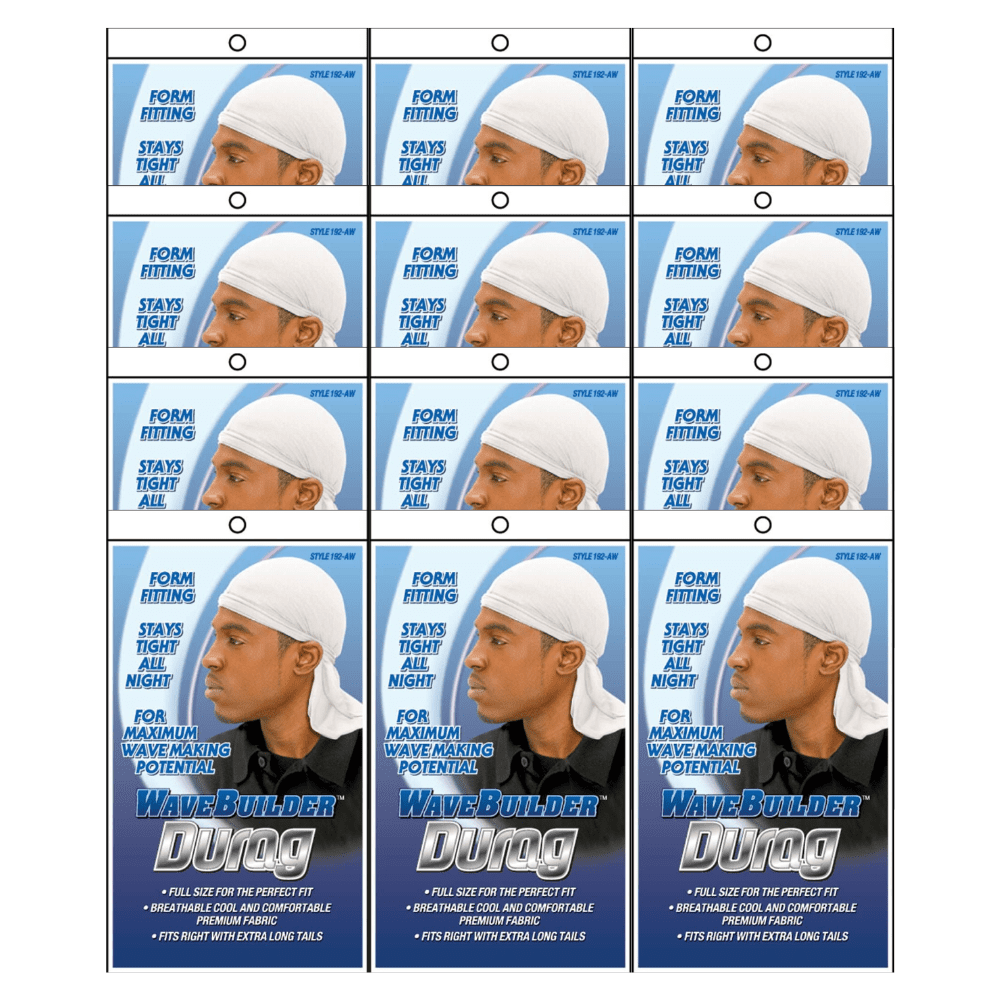 Wavebuilder Durag with Long Tails, White, Best For Waves - 12 PACK ...