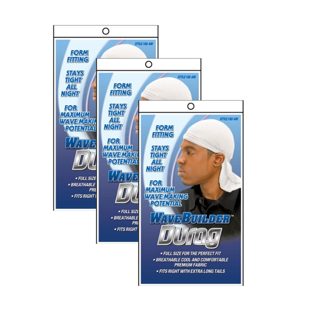 Wavebuilder Durag with Long Tails, White, Best For Waves - 3 PACK - Walmart.com