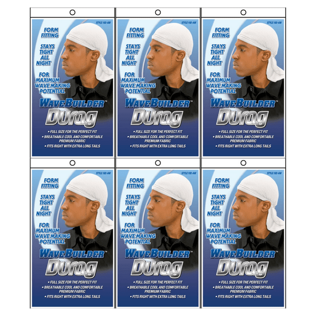 Wavebuilder Durag with Long Tails, White, Best For Waves - 6 PACK - Walmart.com