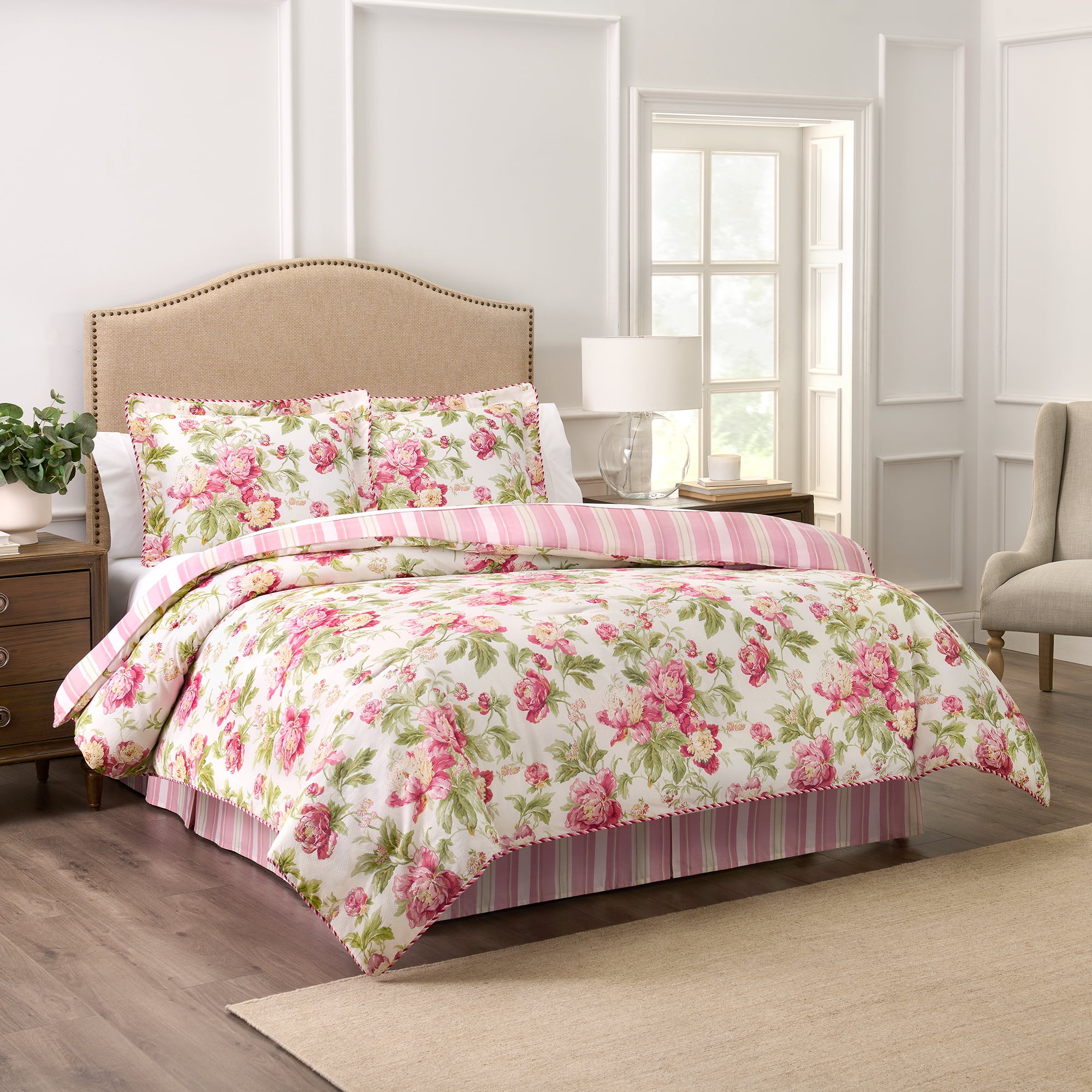 Waverly Forever Peony 4-Piece 100% Cotton Comforter Set - Full/Queen Berry Floral Print, with 2 ...