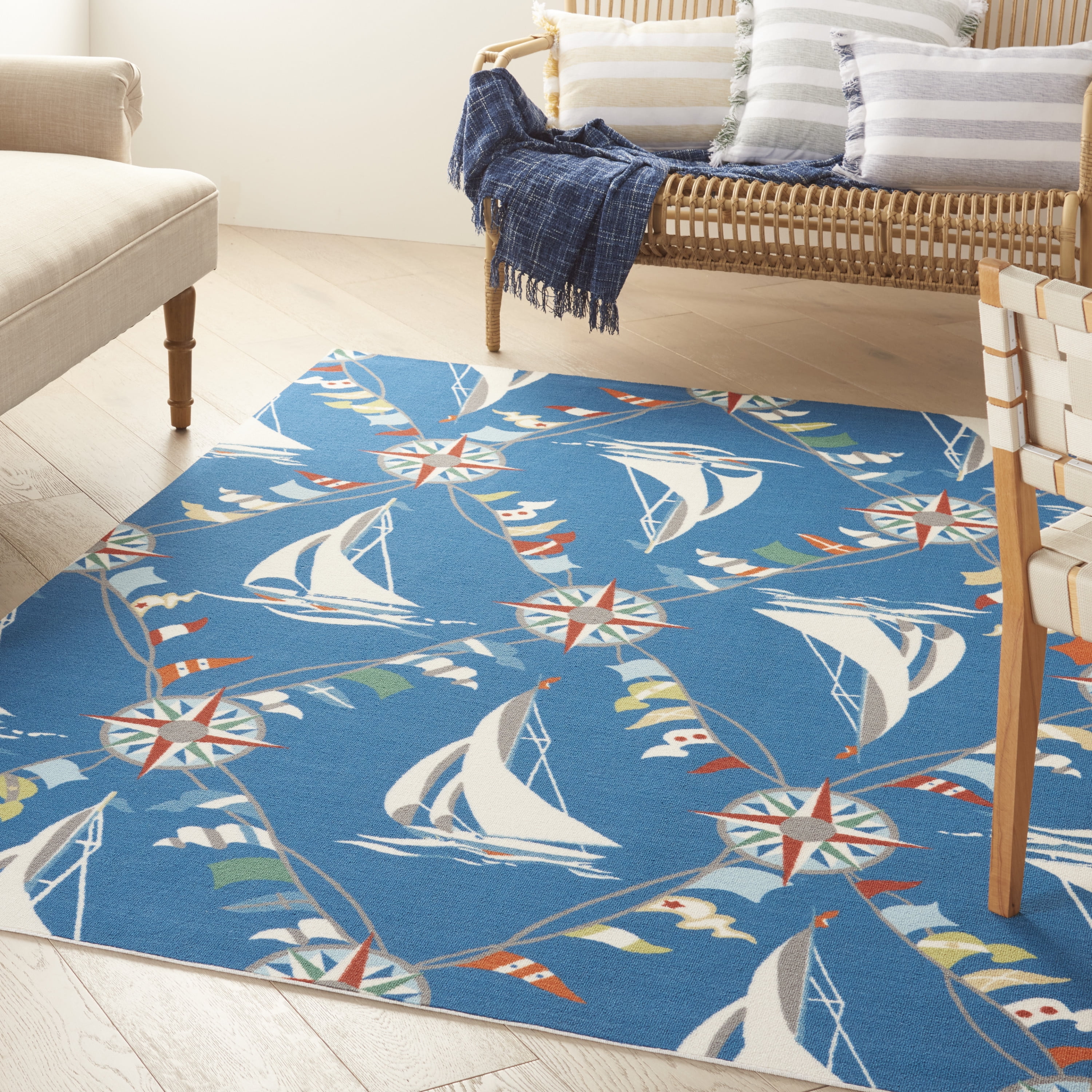 Waverly Sun N' Shade 5'3" x 7'5" Navy Nautical Sailboat Outdoor Rug ...