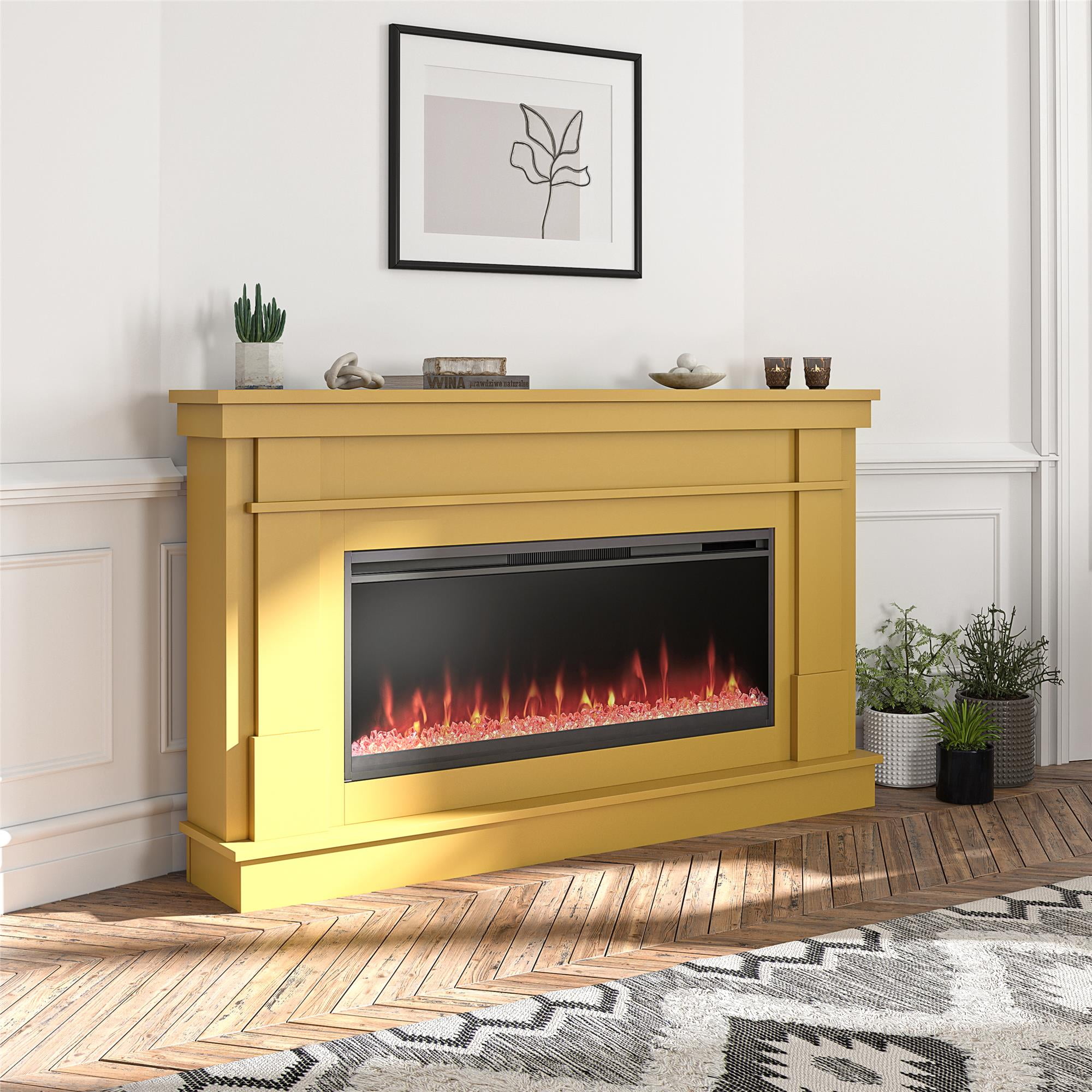 Waverly Wide Mantel with Linear Electric Fireplace & Crystal Ember Bed ...