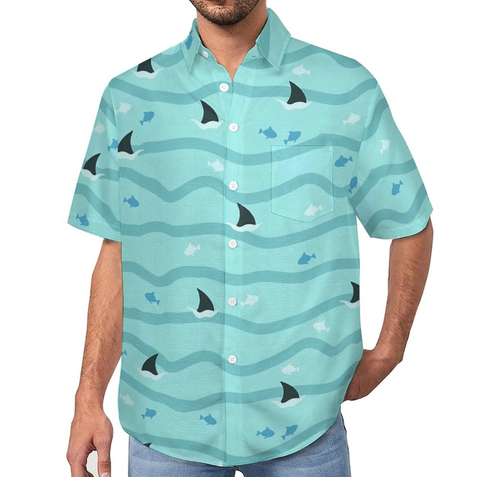 Waves And Fin Print Blouses Male Casual Shirts Hawaiian Short Sleeve ...