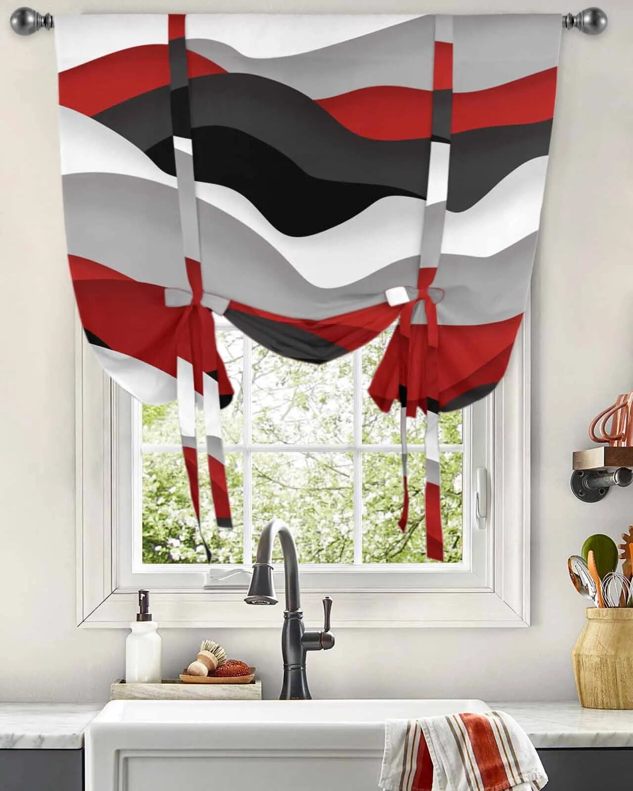 Waves Black Red Gradient Curtains for Living Room Bedroom Modern Tie Up ...