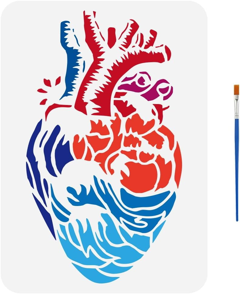 Waves Heart Stencils with Paint Brush 11.7x8.3Inch Heart Pattern PET ...