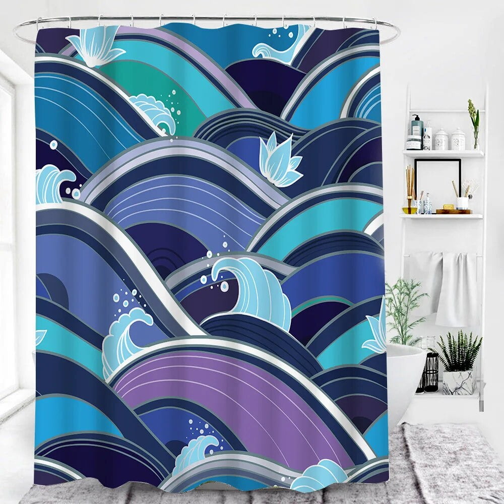 Waves Shower Curtain Cartoon Line Pattern with Hook Printed Polyester ...