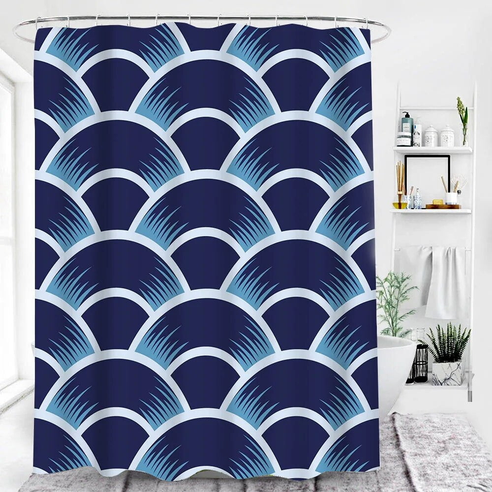 Waves Shower Curtain Cartoon Line Pattern with Hook Printed Polyester ...