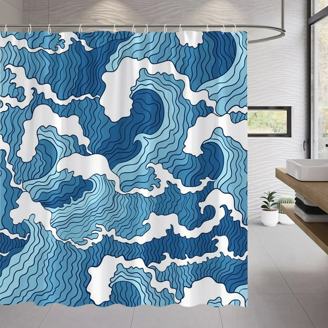 Waves Shower Curtains Set Fabric Blue Pattern Bathroom Accessories Set ...