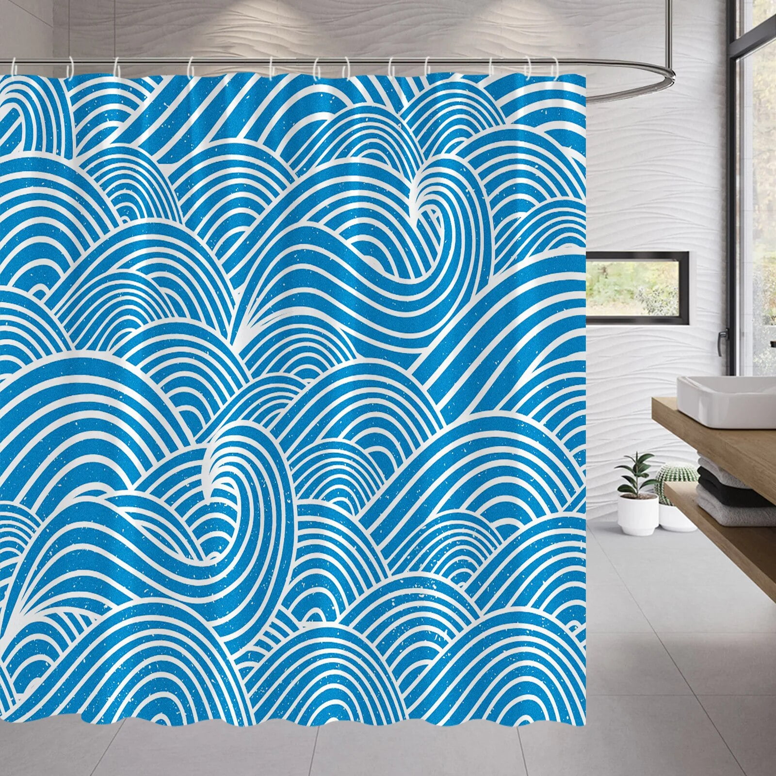 Waves Shower Curtains Set Fabric Blue Pattern Bathroom Accessories Set ...