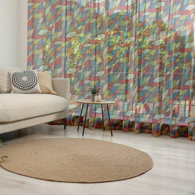 Waves Tulle Curtains with Rod Pocket, Hand Drawn Abstract Curvy Lines ...