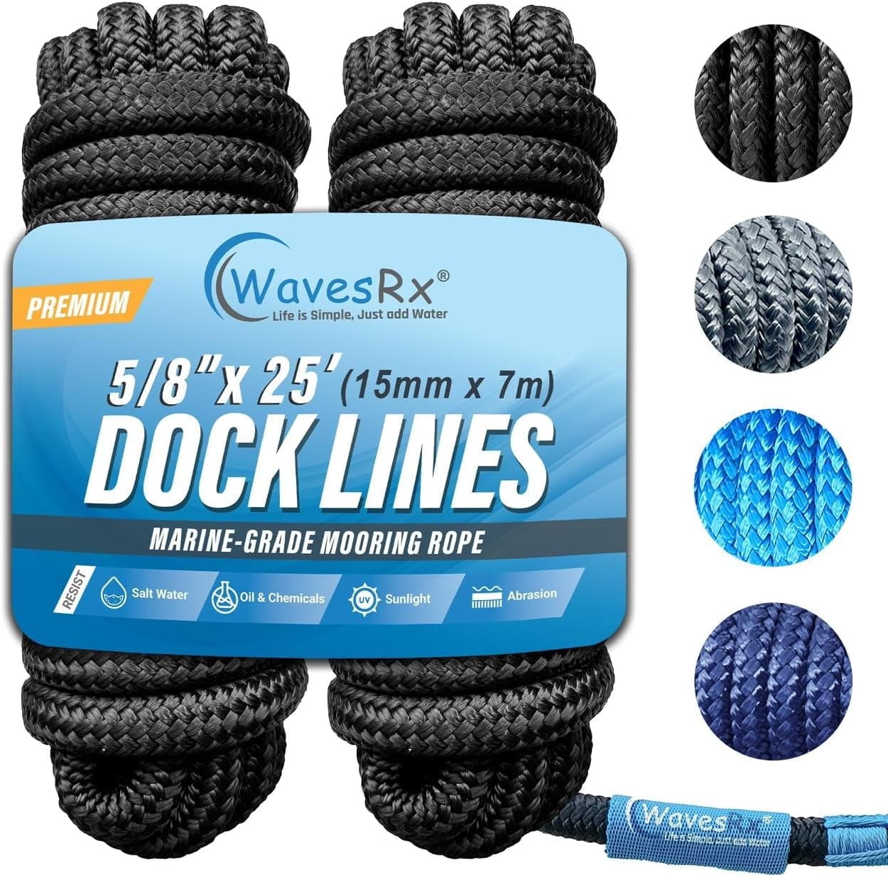 WavesRx 5/8” x 25’ (2PK) Premium Dock Lines for Boat & Pontoon | Double ...