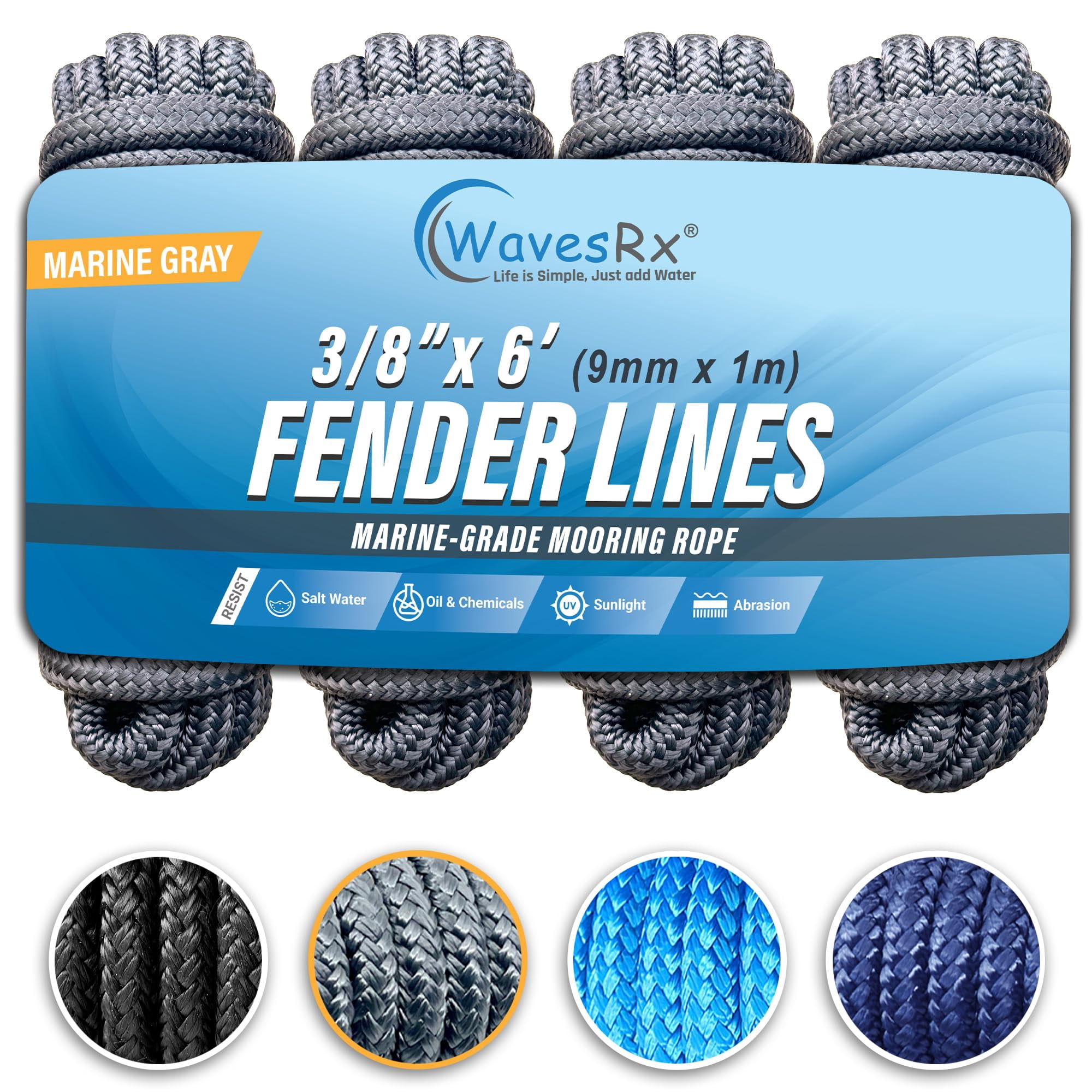 WavesRx Boat Fender Lines 3/8'' x 6' (4PK) | Premium Marine Rope for ...