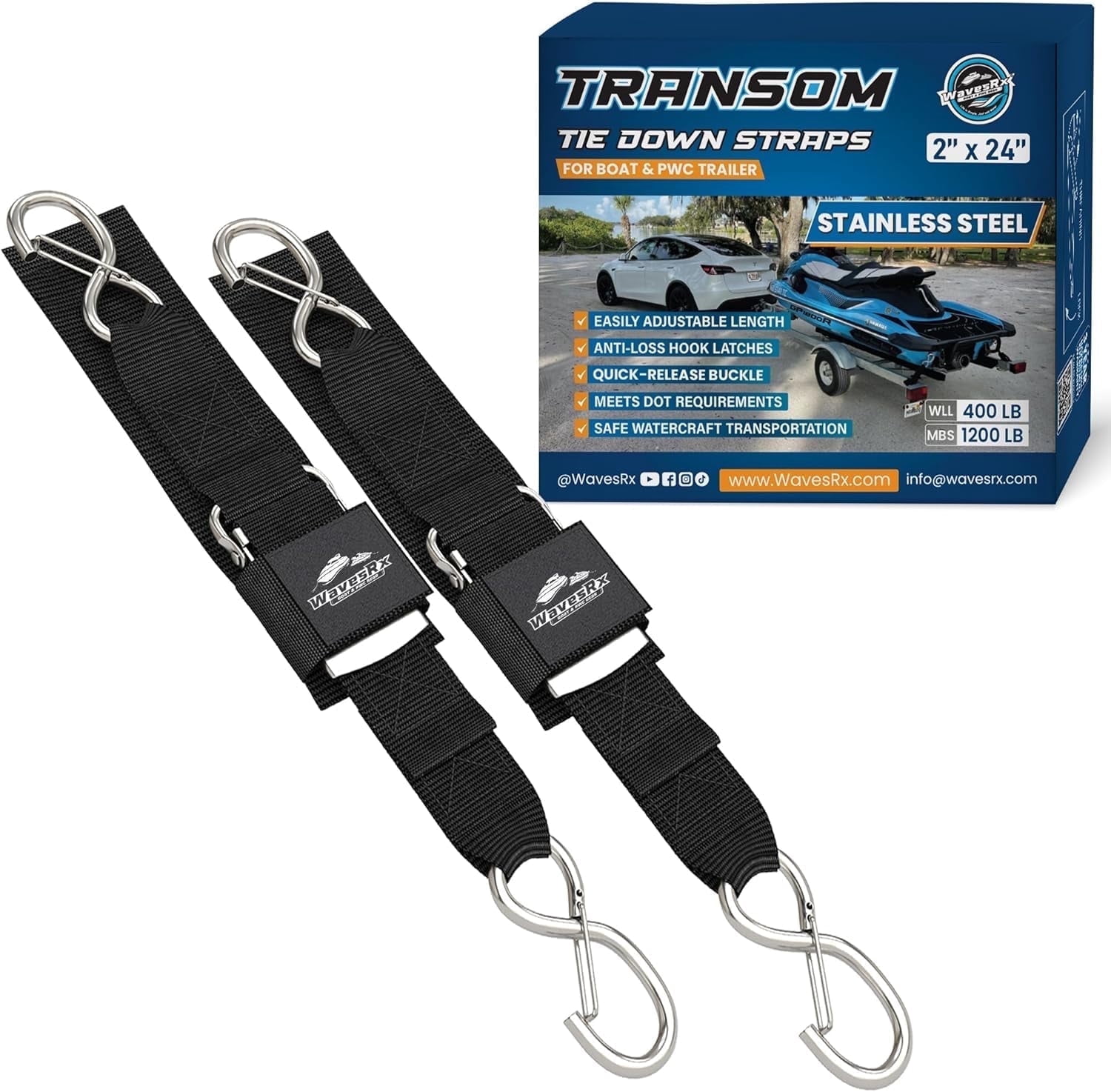 WavesRx Stainless Steel Boat Tie Down Straps to Trailer (2PK) - 2" x 24 ...