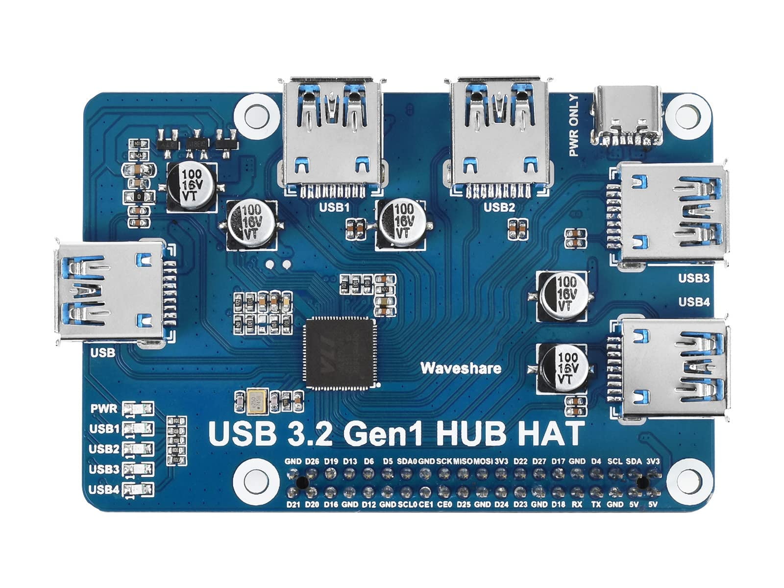 Waveshare USB 3.2 Gen1 KEF16 HUB HAT, Compatible with Raspberry Pi 5/4B/3B/Zero/Zero W/Zero 2W ...