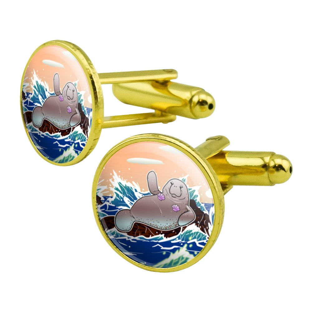Waving Manatee Mermaid On Rocks And Waves Funny Round Cufflink Set Gold ...