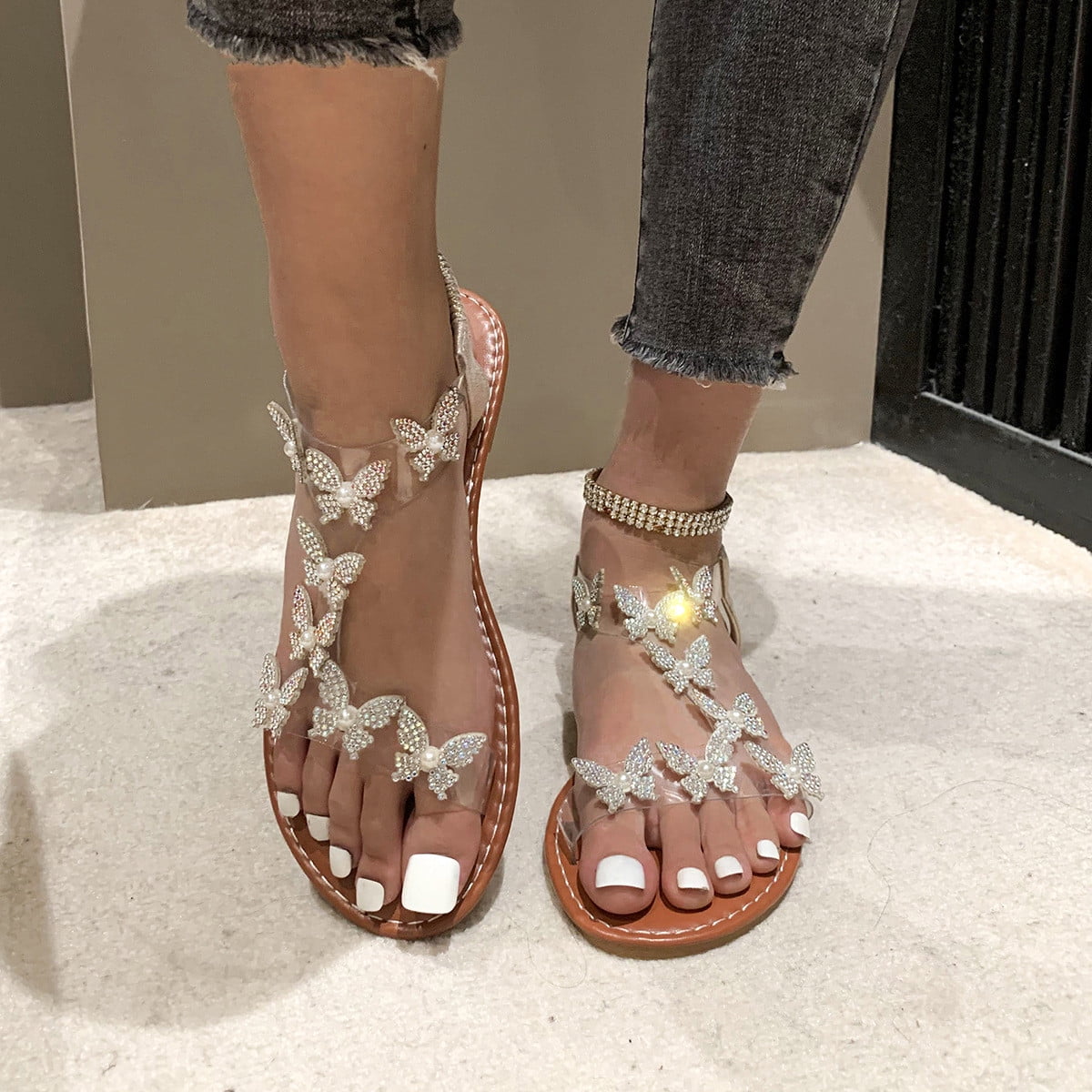 Wavsuf Flat Sandals for Women Casual Summer Wide Transparent Gold ...