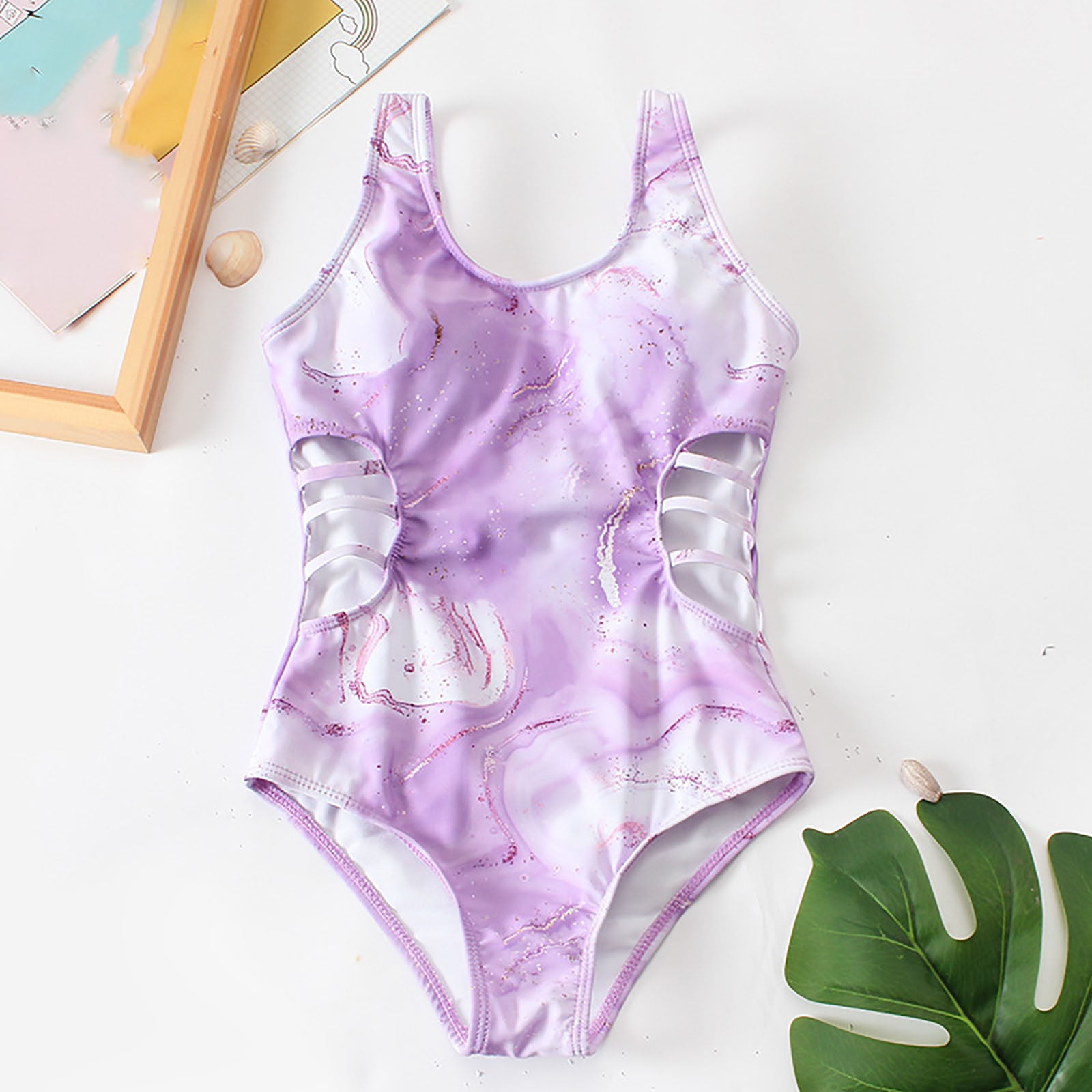 Wavsuf Girls One Piece Swimsuit Printed Cute Summer Purple Swimwear Set
