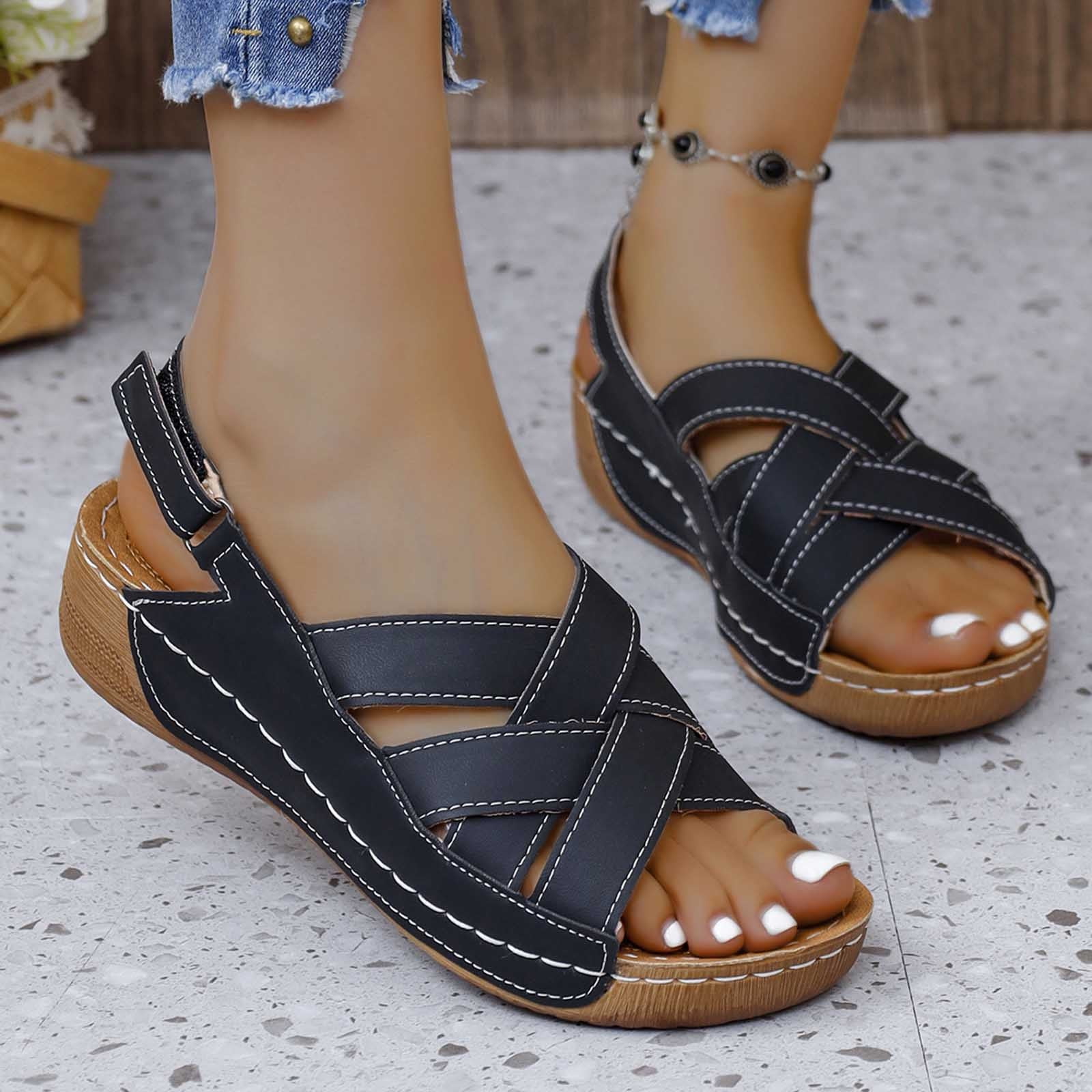 Wavsuf Platform Sandals for Women Casual Summer Solid Wide Black ...
