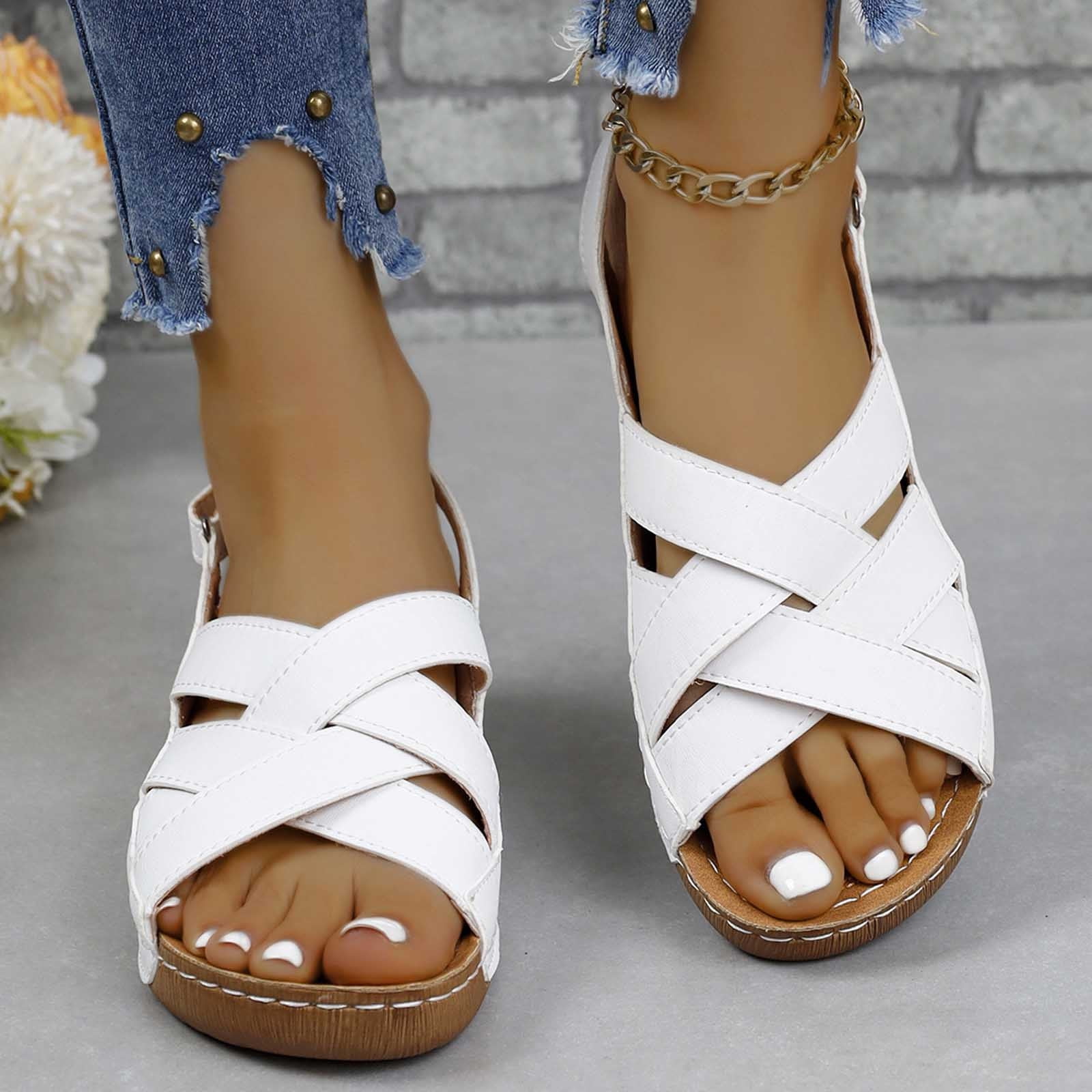 Wavsuf Platform Sandals for Women Solid Wide Casual Summer White ...
