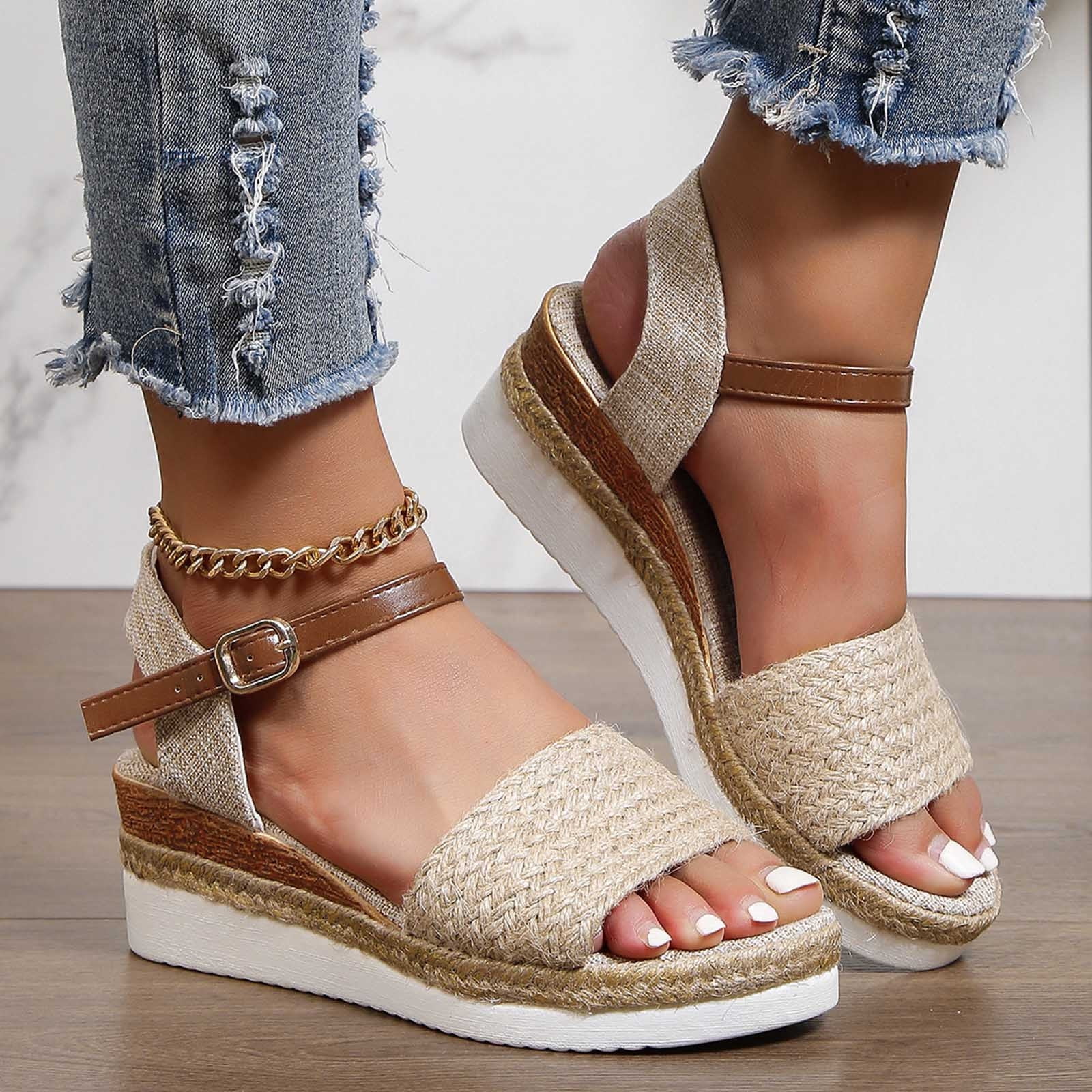 Wavsuf Platform Sandals for Women Wide Casual Summer Khaki Sandals ...