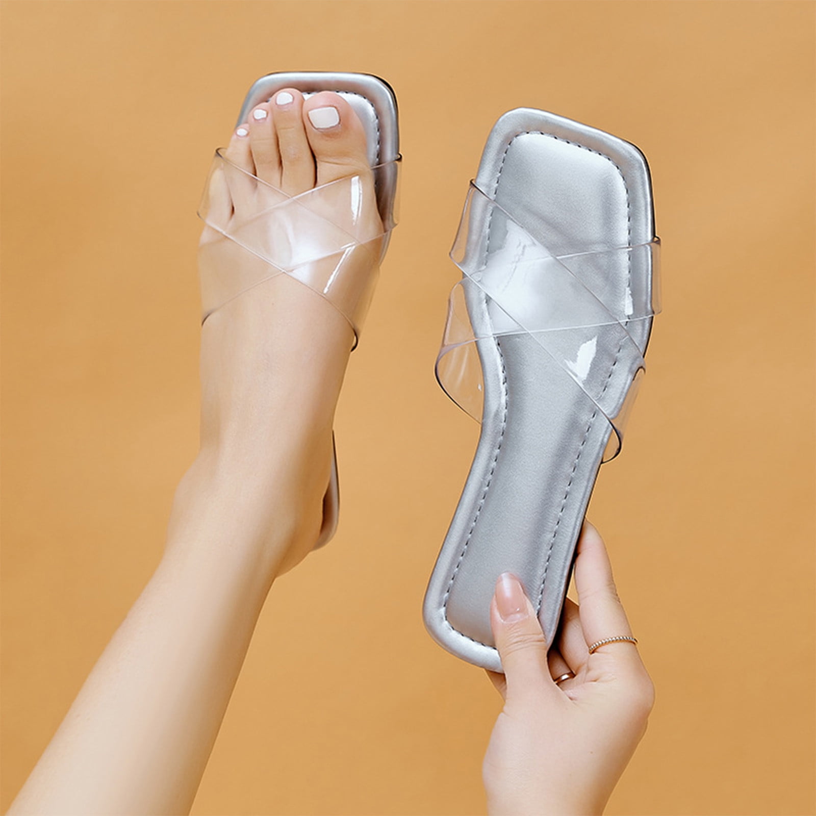 Wavsuf Pool Slides for Women Casual Summer Silver Slides Slippers Size ...