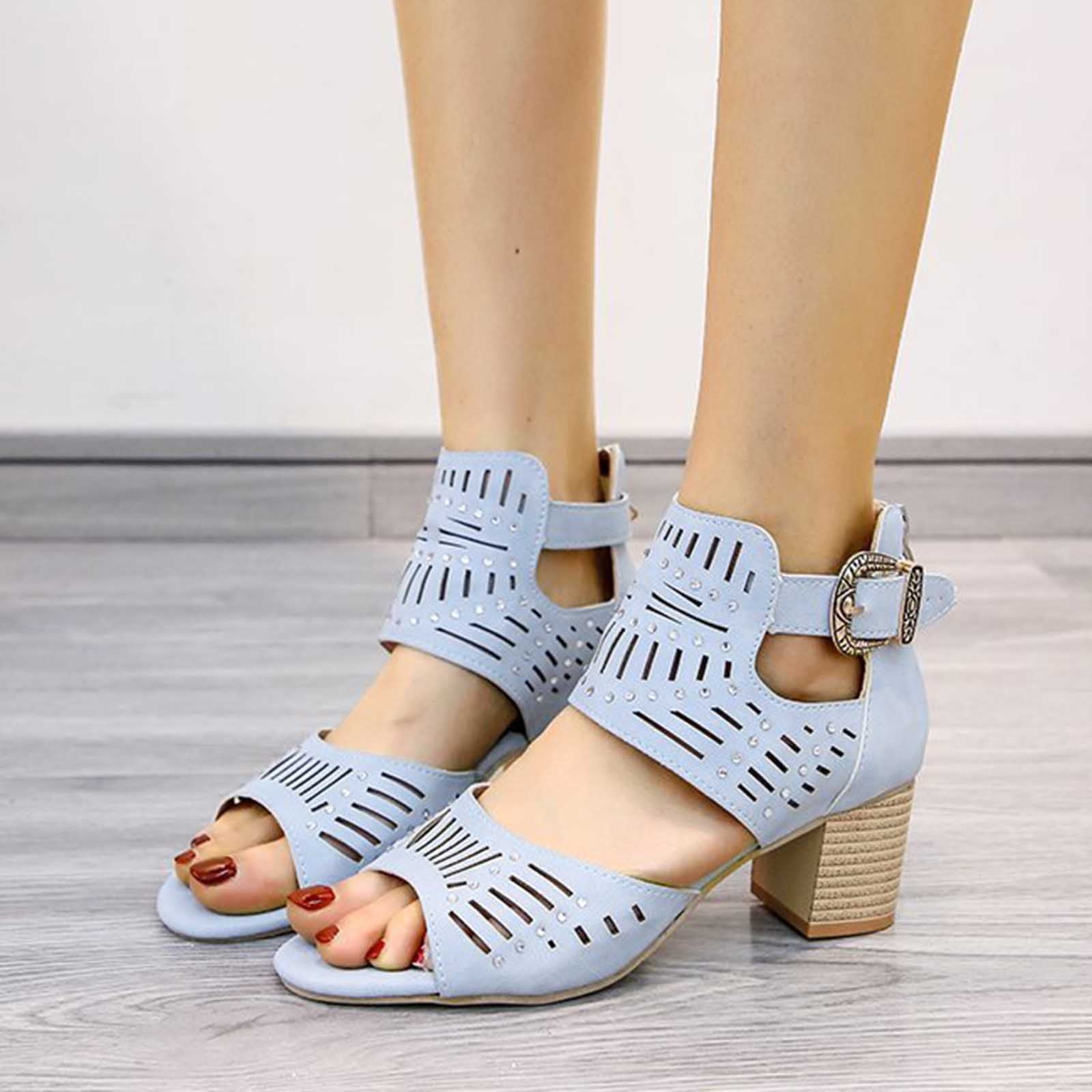 Wavsuf Sandals for Women Casual Summer Wide Hollow Out Blue Sandals ...