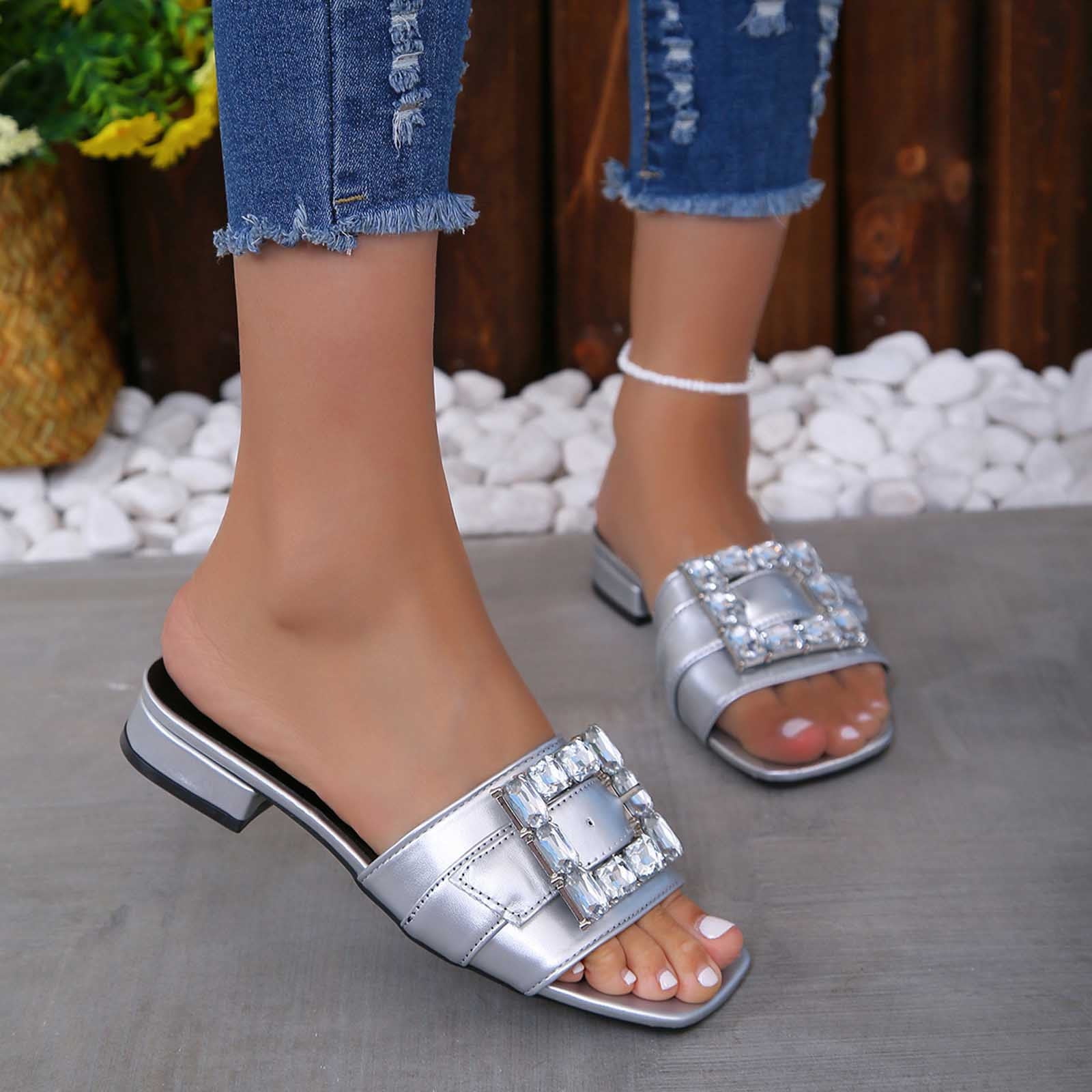 Wavsuf Slides for Women with Heel Wide Casual Summer Silver Slides ...