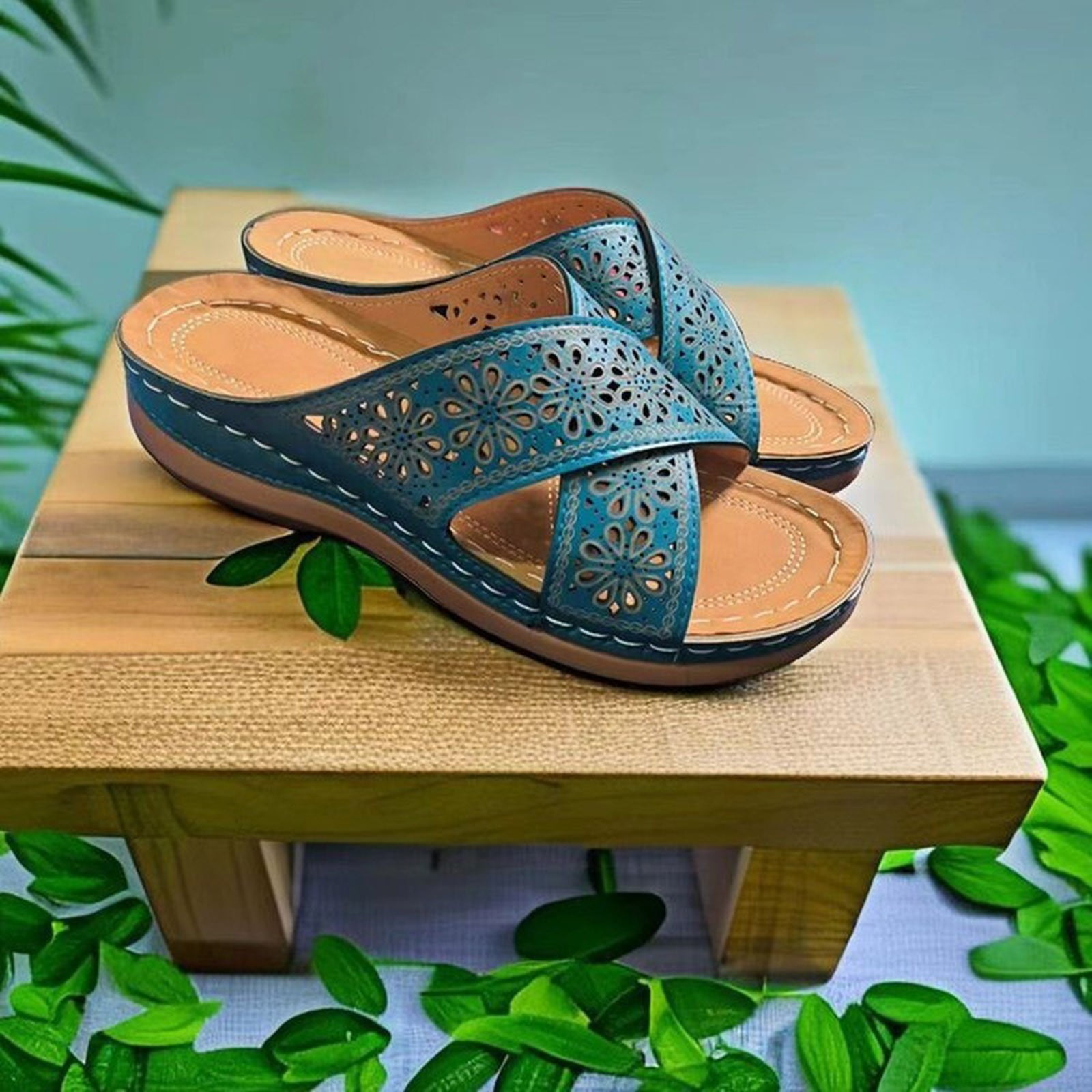 Wavsuf Wedge Sandals for Women Casual Summer Vintage Blue Sandals Shoes ...
