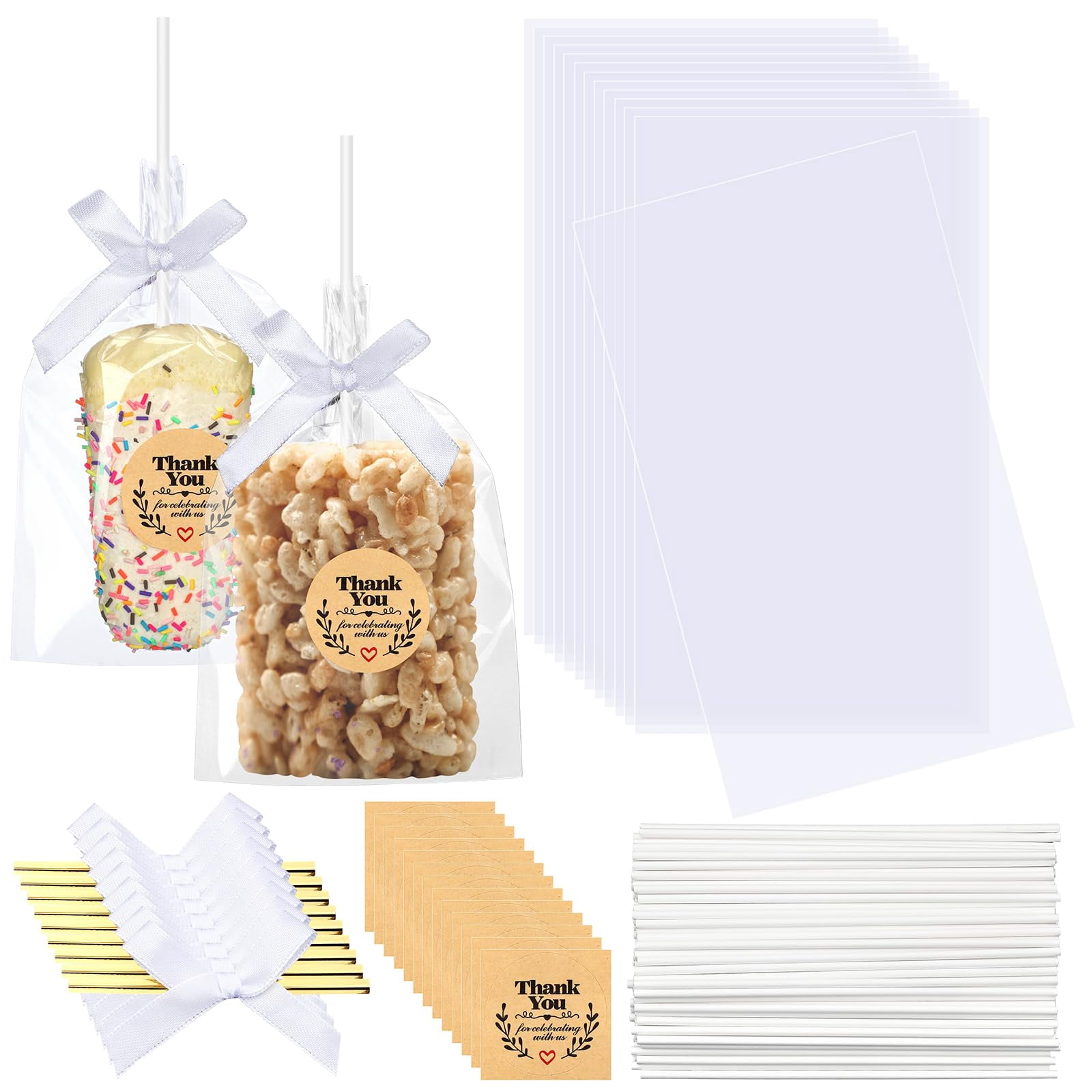 Wavwavw 100 Sets Clear MSF2 Rice Krispie Treat Bags White Ribbon Bow ...