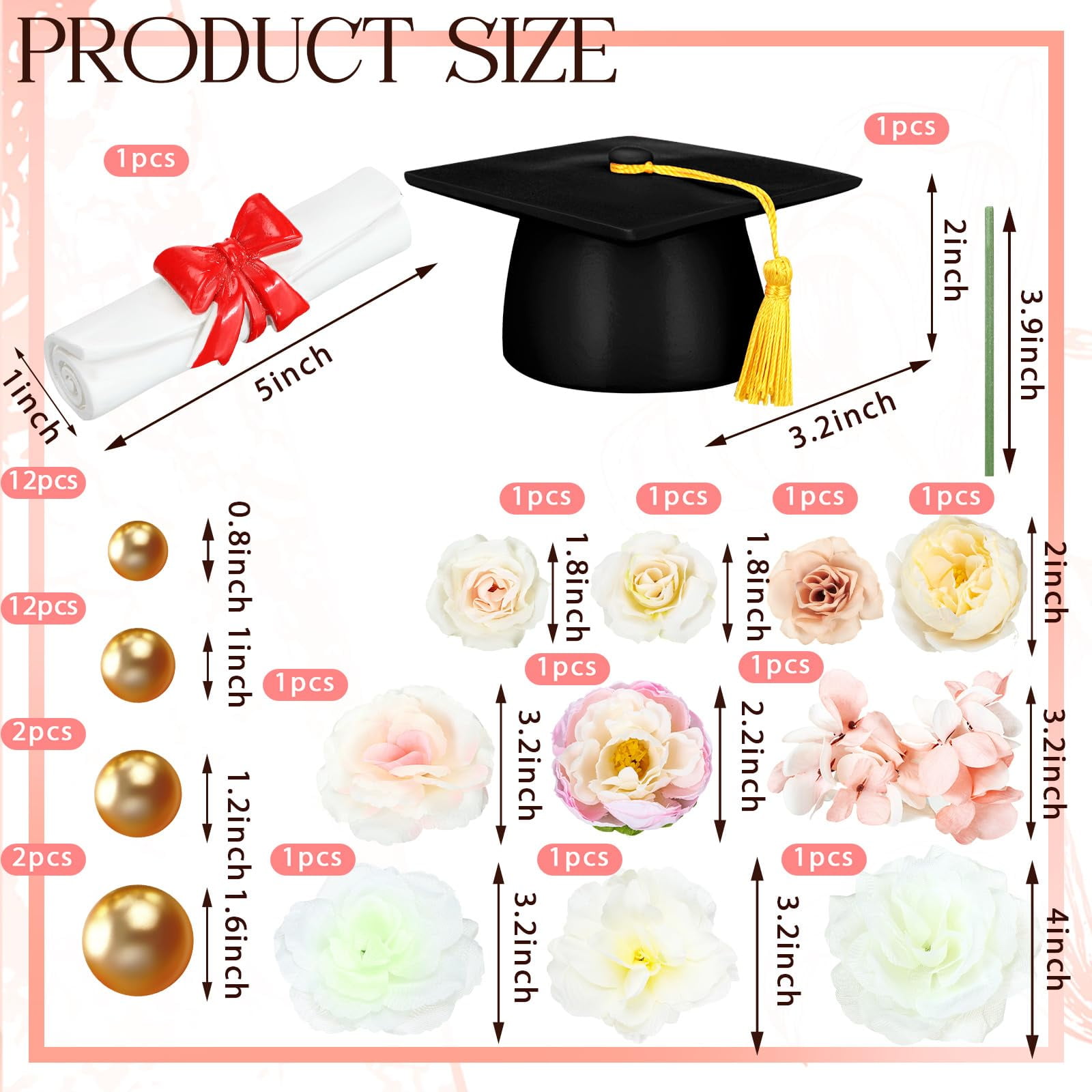 Wavwavw 50 Pcs AJH3 Graduation Cap and Diploma Gold Balls Cake Toppers ...