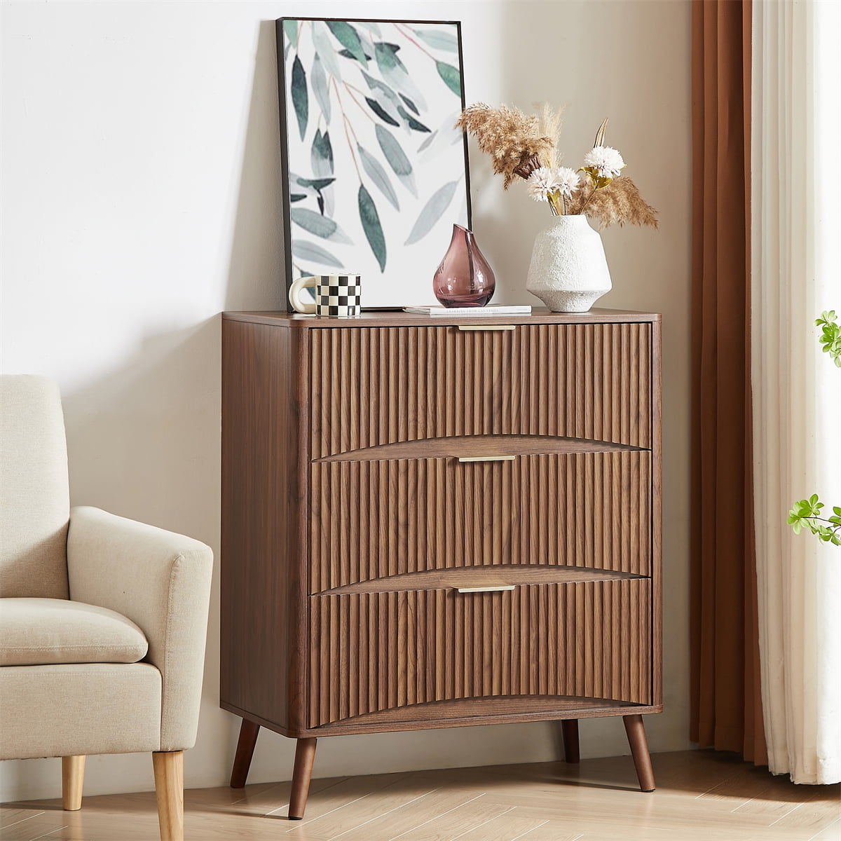 Wavy 3 Drawers Dresser, 31.5" Wide Retro Chest of Drawers, Curved ...