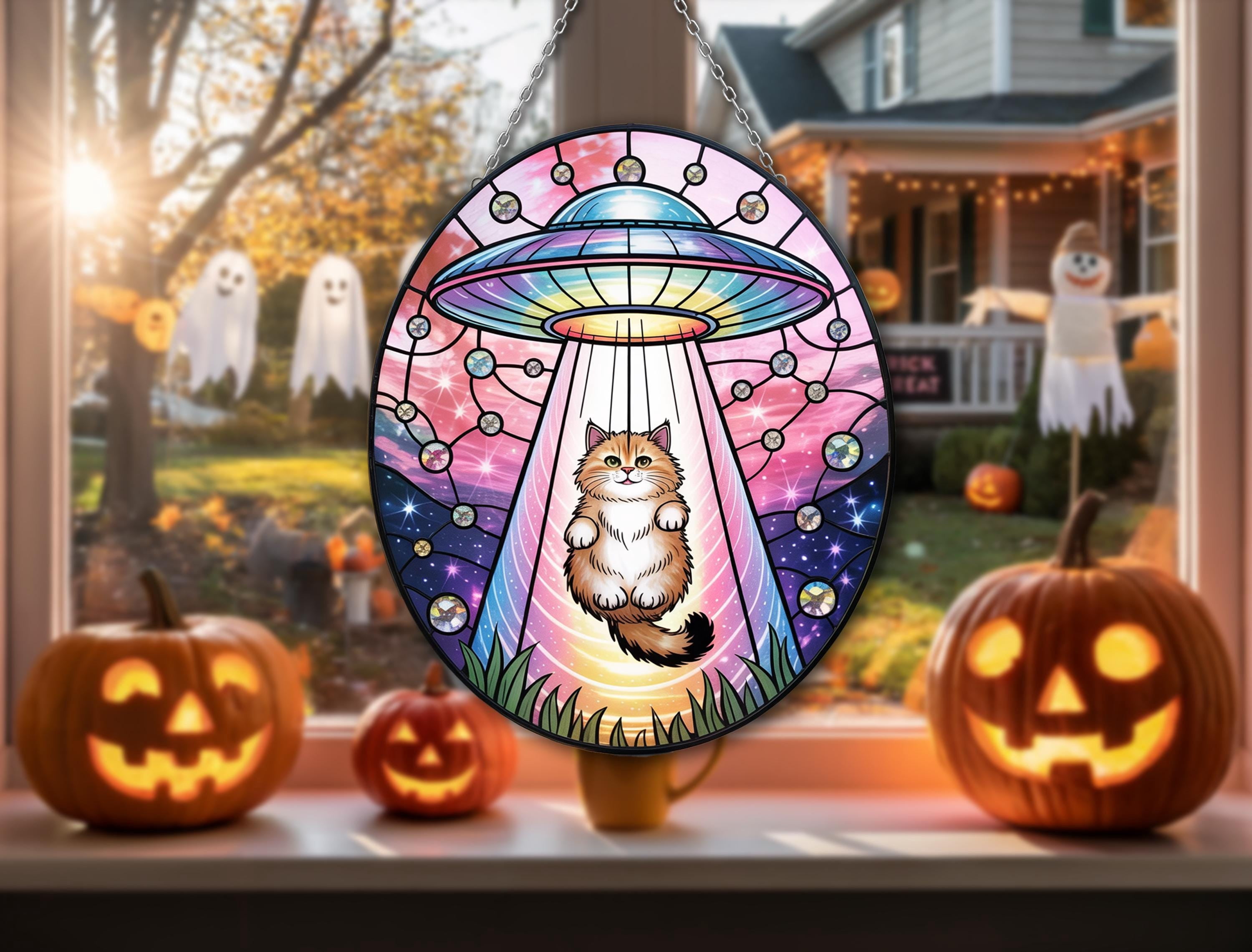 Wavy Acrylic painting UFO and lovely tabby cat â€“ Mysterious Halloween ...