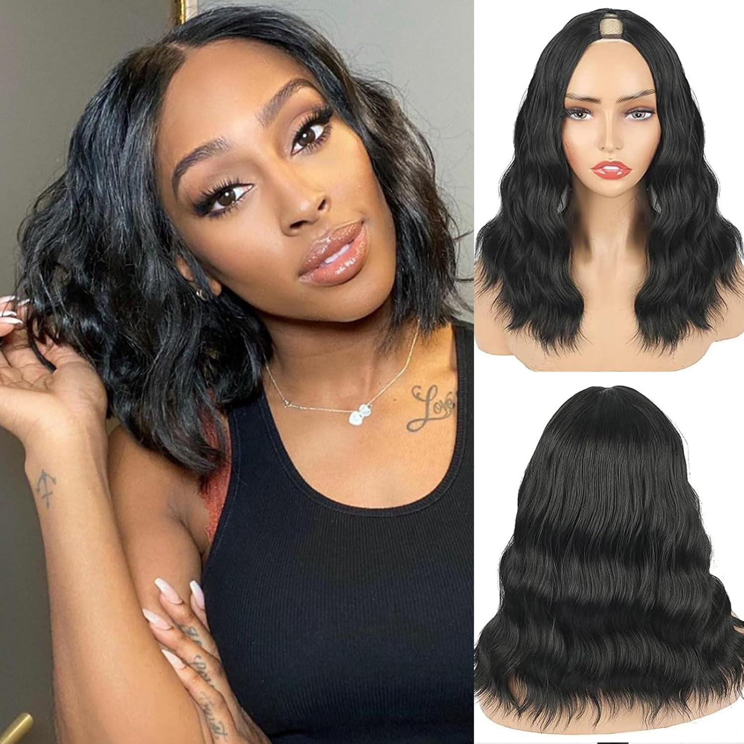 Wavy Bob V part Wig for Black Women Short Wavy Curly Wig U part Body Wave Wigs Natural Black ...