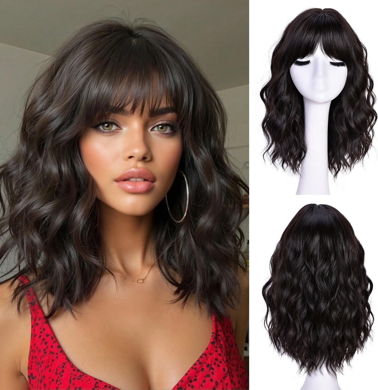 Wavy Bob Wig with Bangs for Women, Fringe, Adjustable Cap, Breathable ...