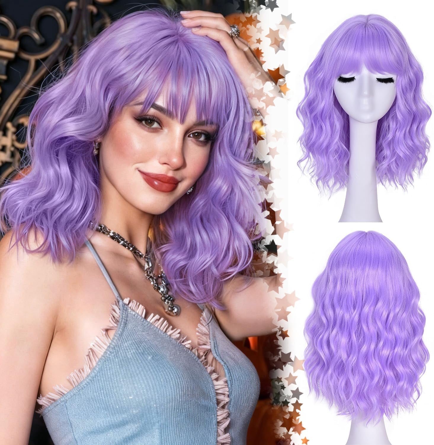 Wavy Bob Wig with Bangs for Women, Party and Costume Styling, Synthetic ...