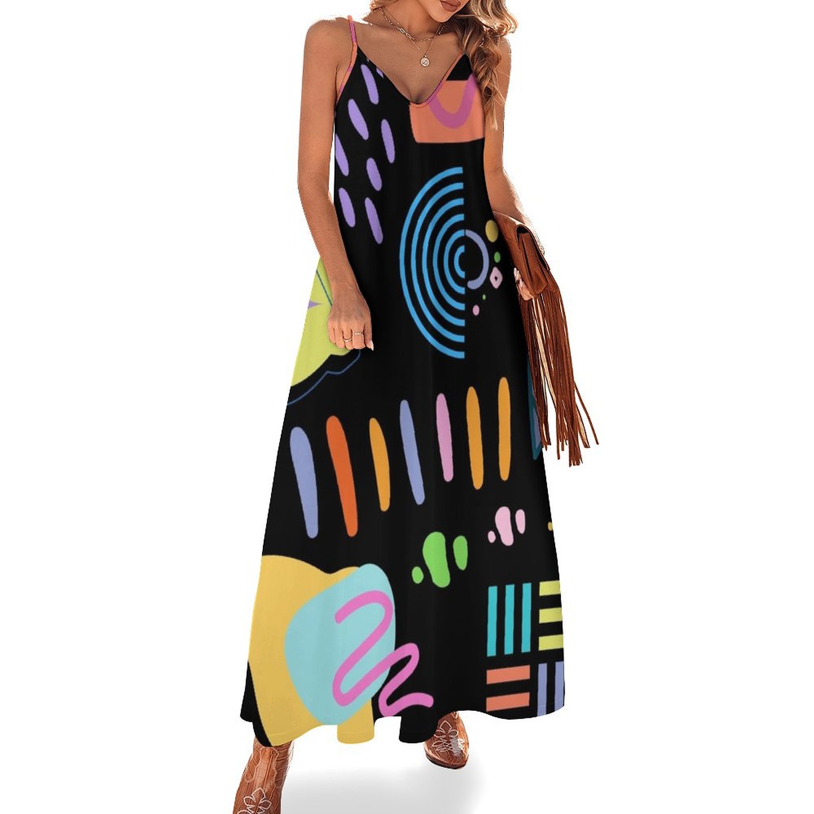 Wavy Colorful and Geometric Fun Assortment of Shapes Sleeveless Dress ...