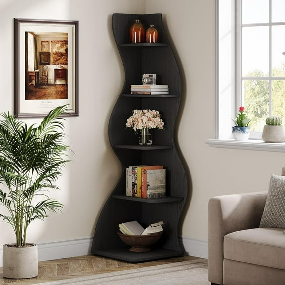 Wavy Corner Shelf, 5-Tier Bookshelf Bookcase with Curvy Shape Black ...