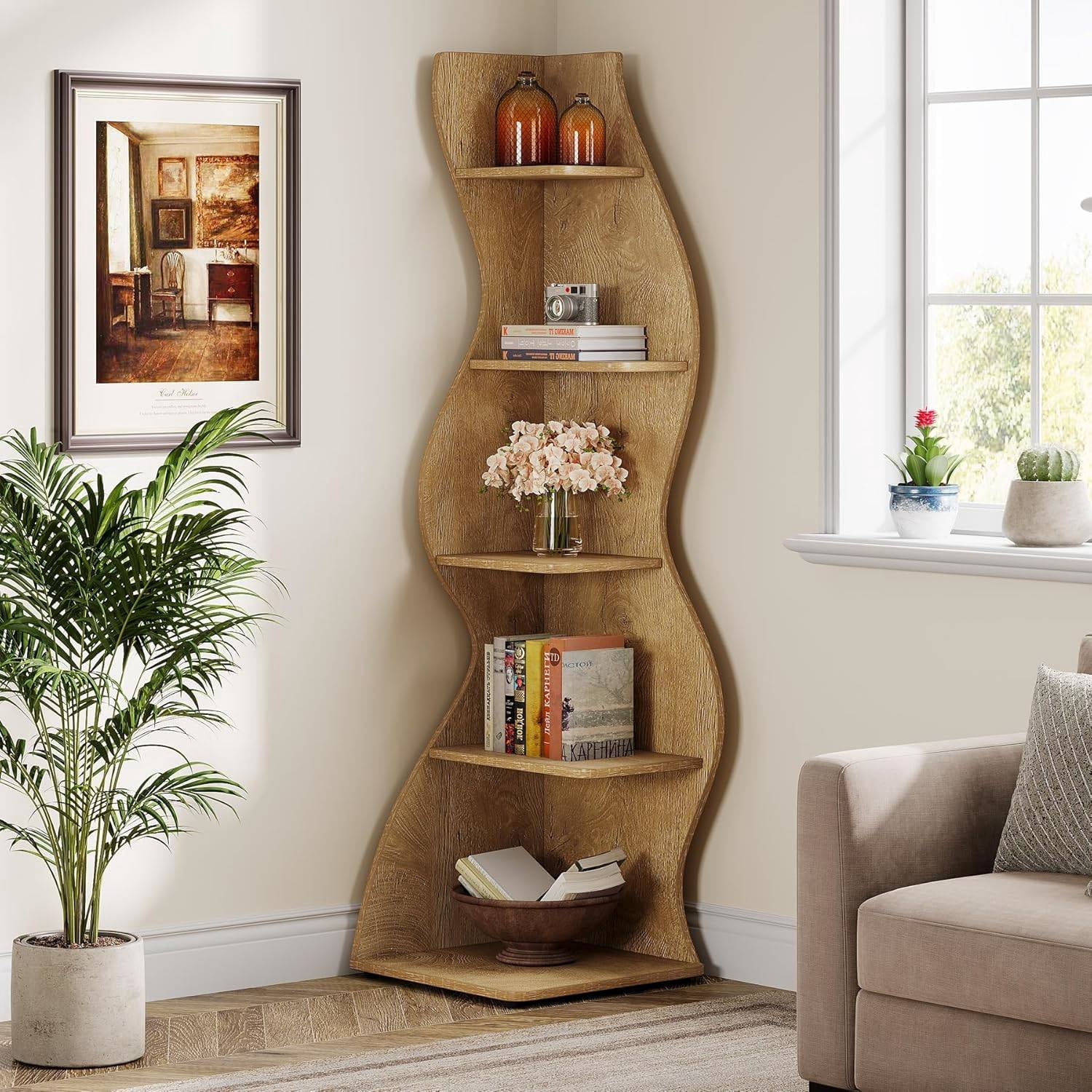 Wavy Corner Shelf, Modern 5-Tier Bookcase with Curvy Design for Living ...