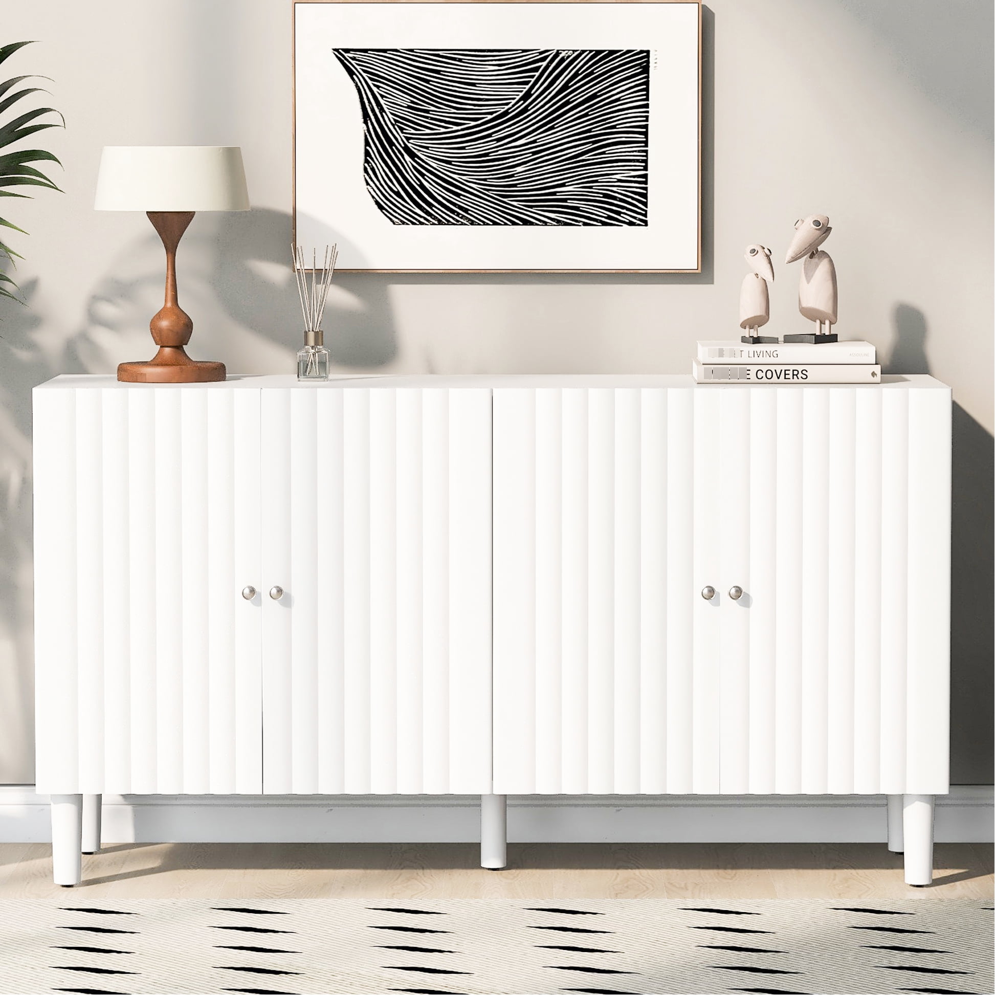 Wavy Door Sideboard With Stable Cylindrical Legs. Elegant Metal Handles ...