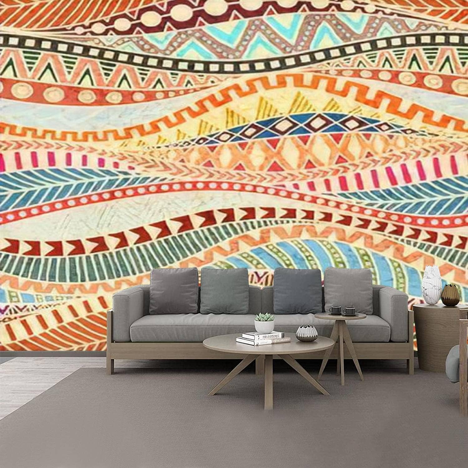 Wavy Ethnic and Tribal Motifs 3D Wall Murals Wallpaper, Colorful ...