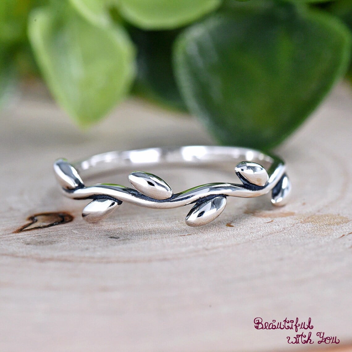 Wavy Laurel Wreath Fern Leaf Half Eternity Ring, Nature Inspired Women's Silver Bay Leaf Ring ...