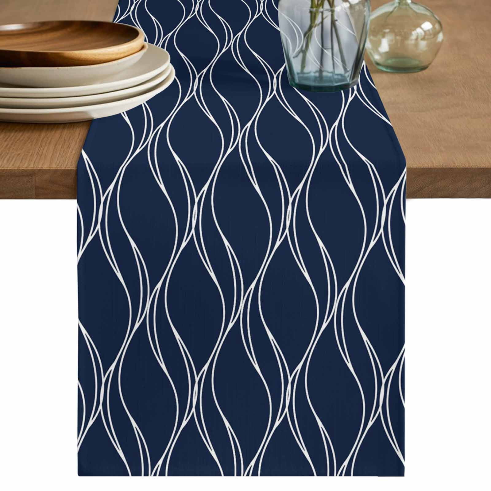 Wavy Lines Table Runner 36 Inches, Abstract Minimalist Pattern Navy ...