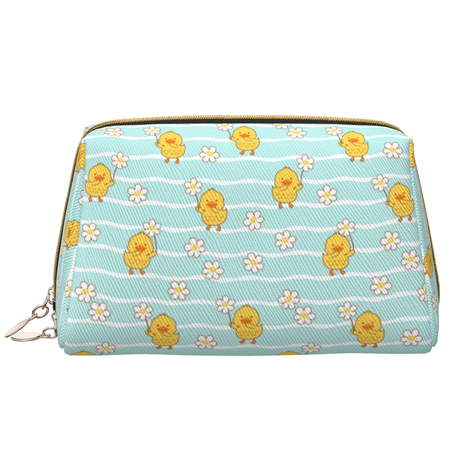 Wavy Pattern Cute Duck Daisy Makeup Bag, Leather Waterproof Travel ...