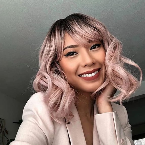 Wavy Synthetic Bob Wig with Bangs for Women, Bob Cut, Fringe, Glueless ...