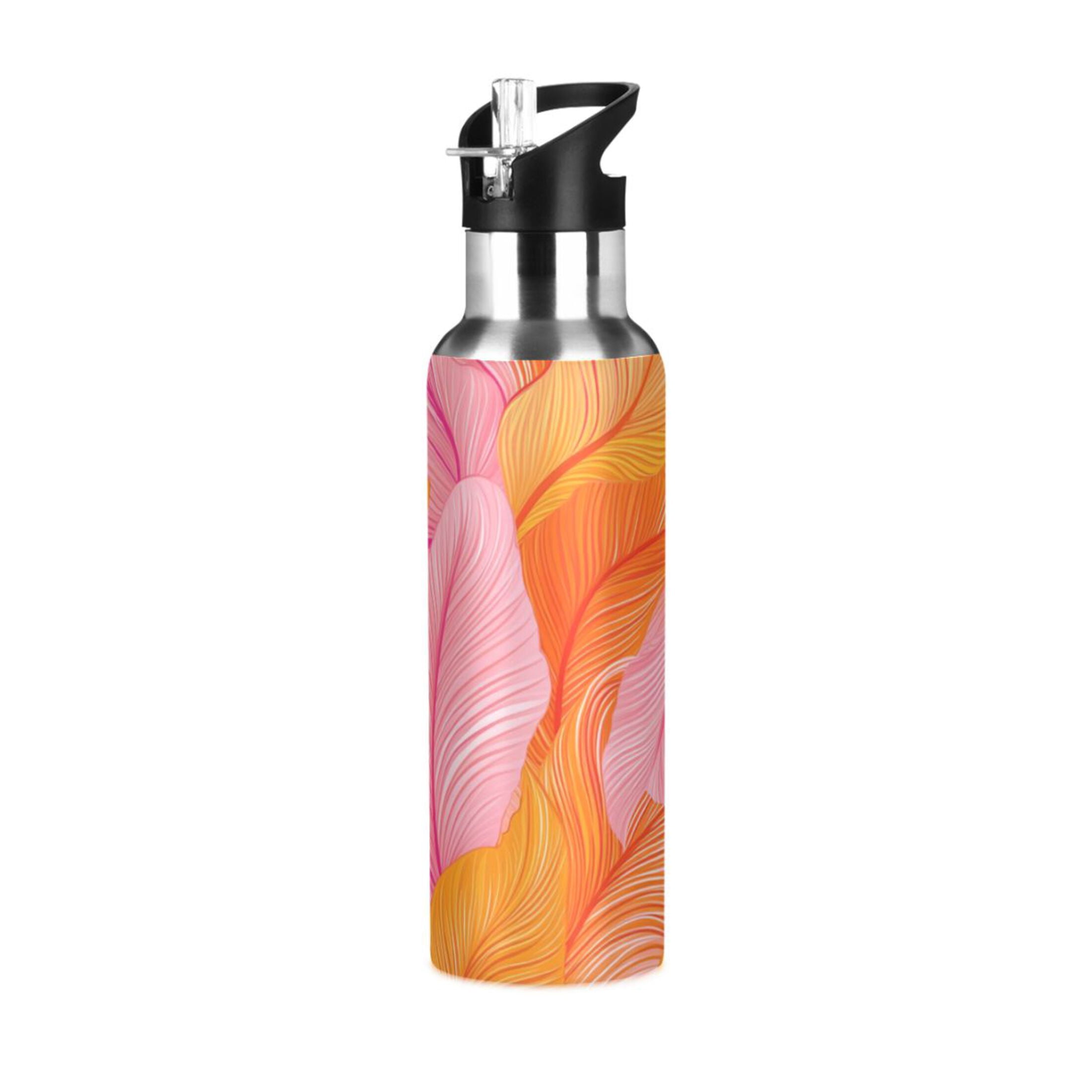 Wavy Tropical Palm Leaves Sports Bottle with Straw Stainless Steel ...