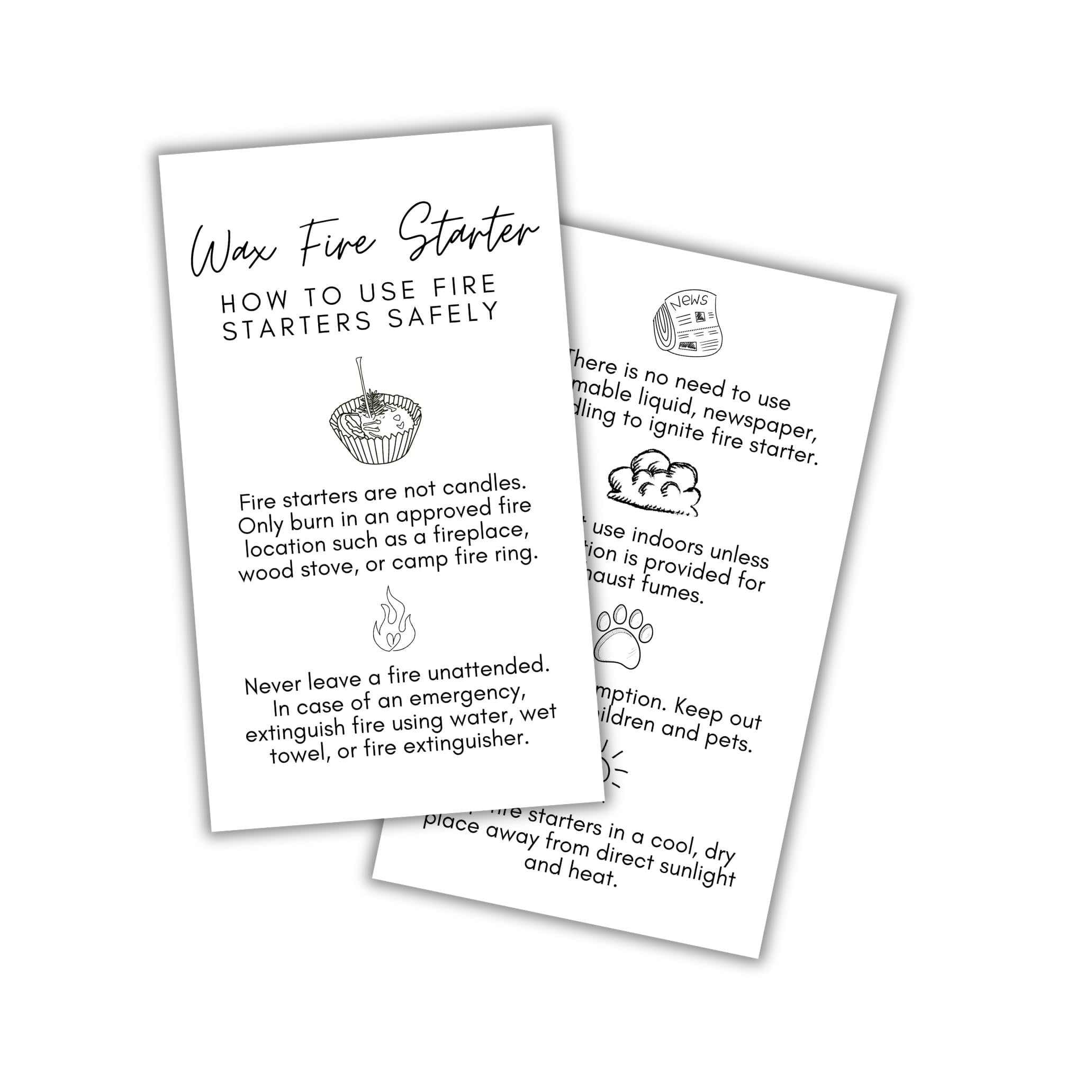 Wax Fire Starter Care Guide Instruction Card 50pk 2x3.5 Soy Beeswax ...