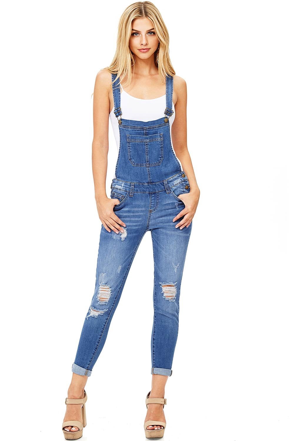 Wax Jeans Women's Juniors Ankle Length Skinny Leg Denim Overalls ...