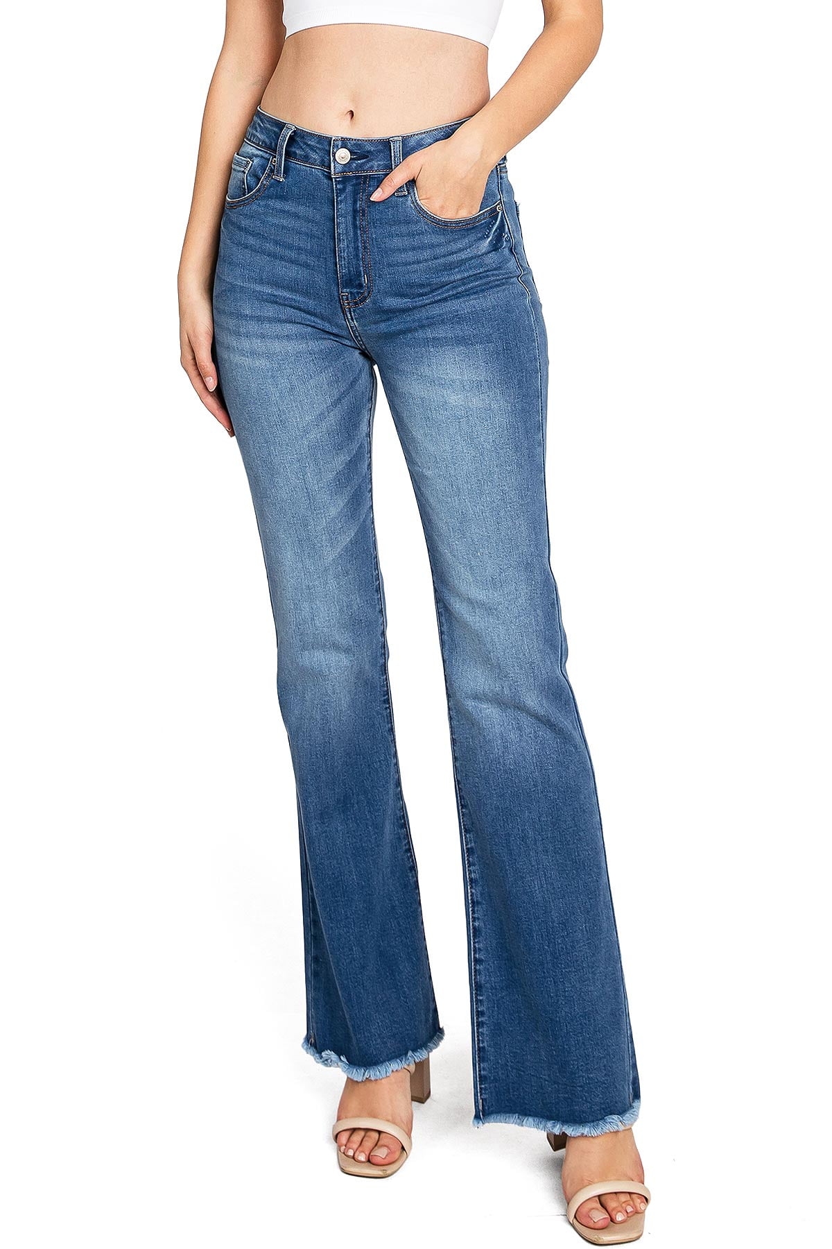 Wax Jeans Sustainable High Rise Bell Bottom Flares with Frayed Hem ...