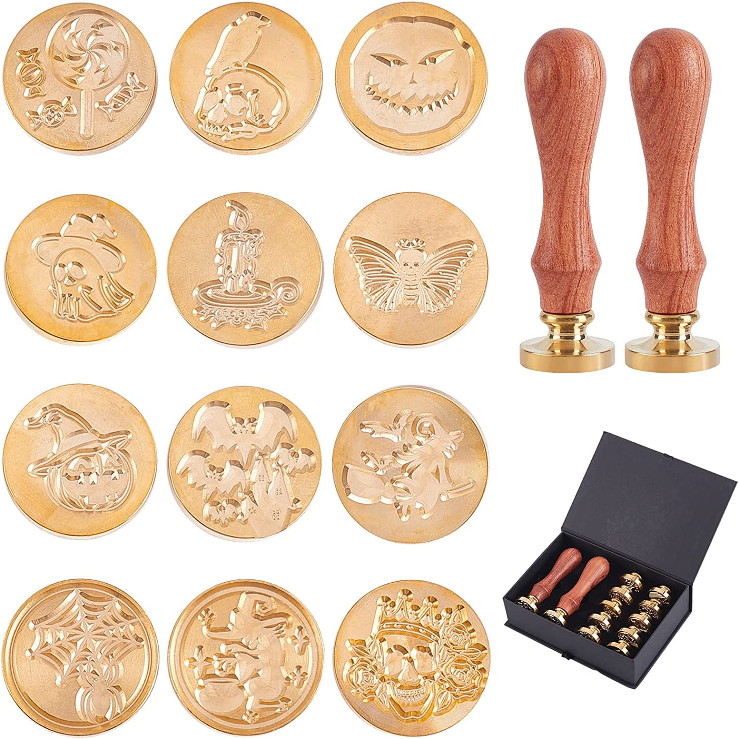 Wax Seal Stamp Set 12Pcs 25mm Removable Brass Heads with 2Pcs Wooden ...
